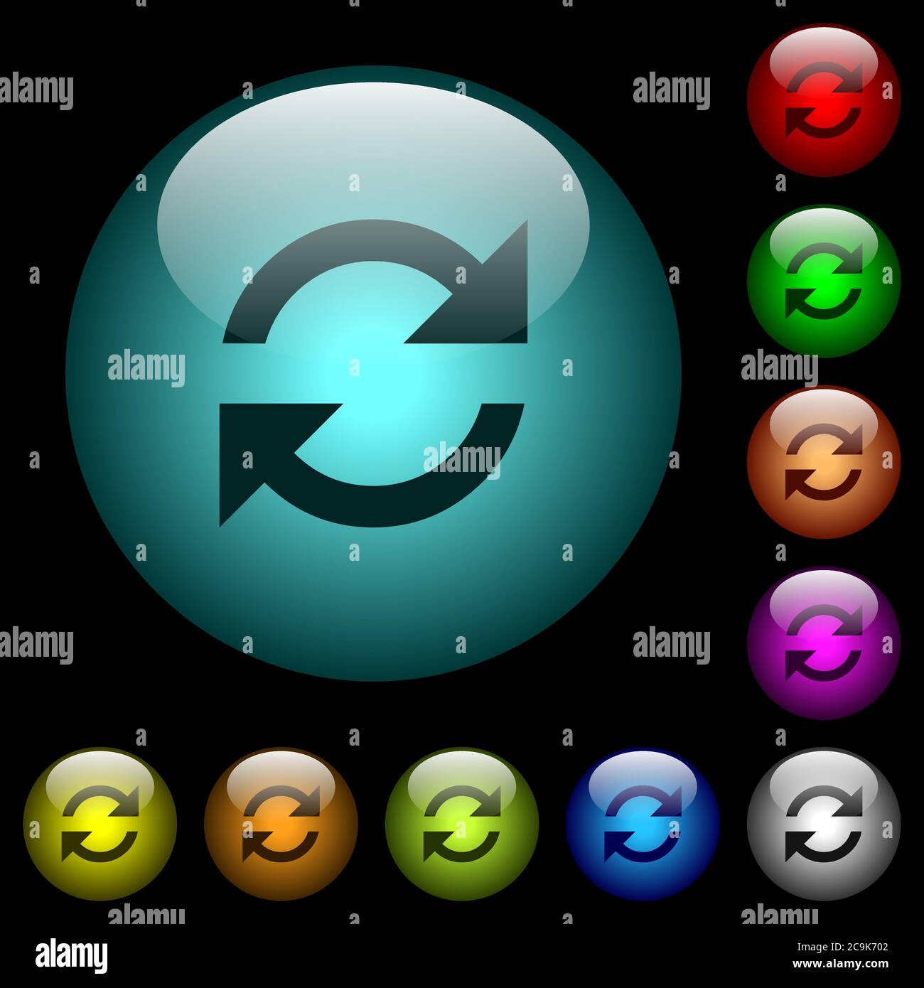 Refresh arrows icons in color illuminated spherical glass buttons on ...