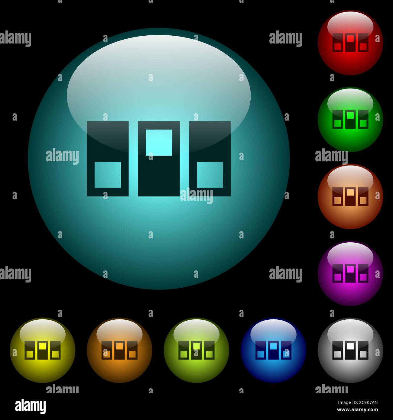 Switchboard icons in color illuminated spherical glass buttons on black ...