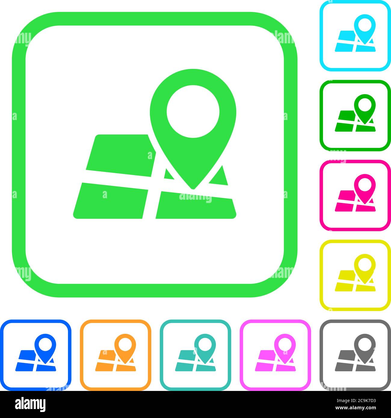 Location pin on map vivid colored flat icons in curved borders on white ...