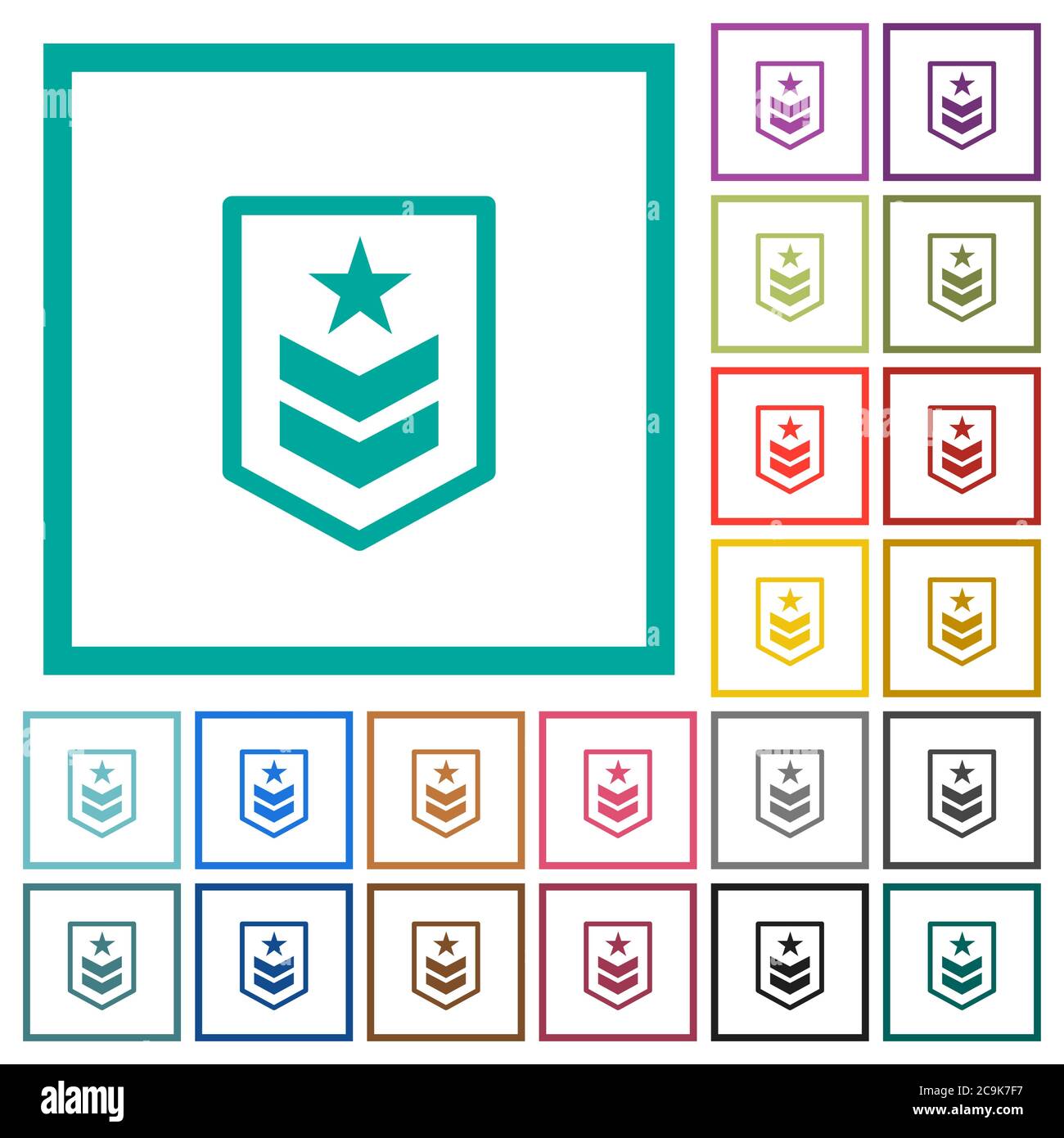 Military rank flat color icons with quadrant frames on white background ...