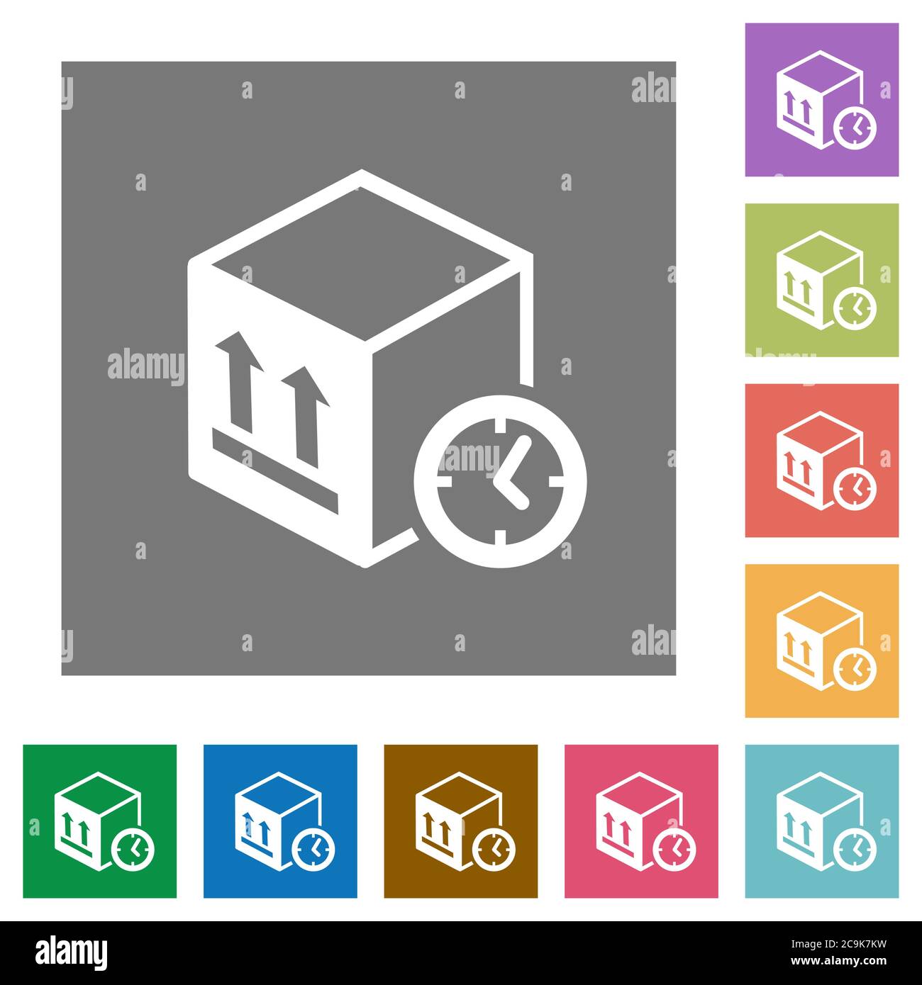 Package shipping time flat icons on simple color square backgrounds ...