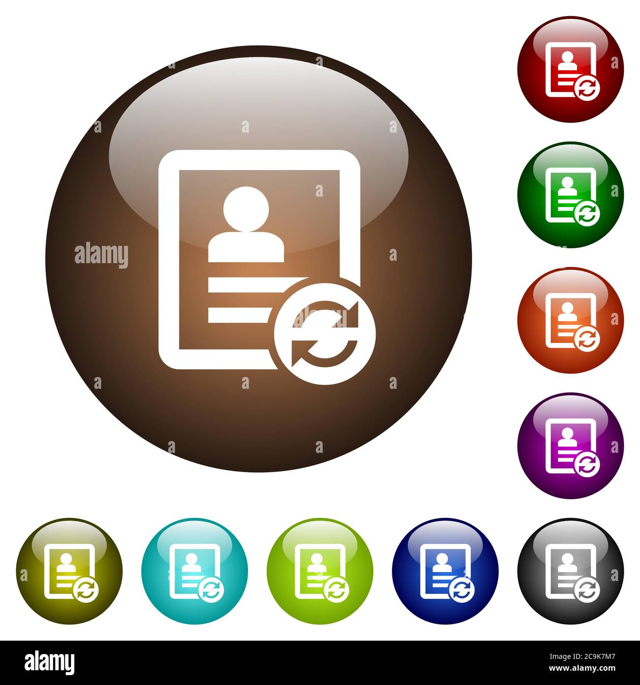 Refresh contact white icons on round color glass buttons Stock Vector ...