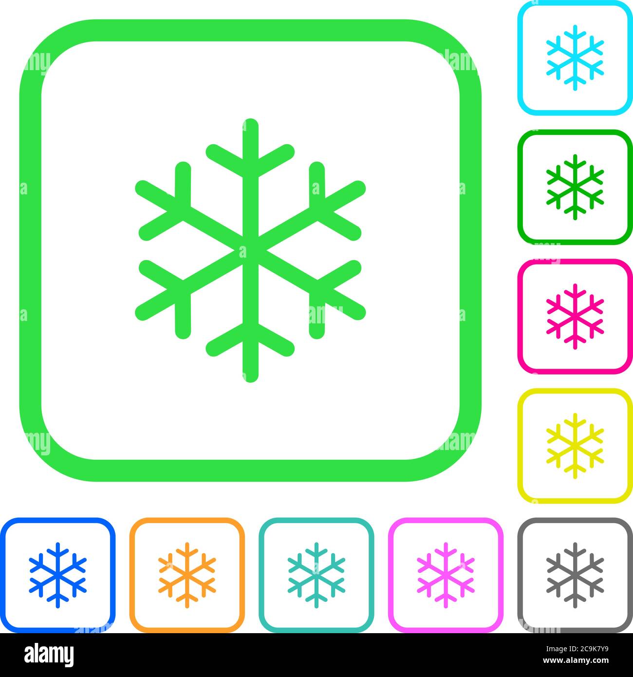 Single snowflake vivid colored flat icons in curved borders on white ...
