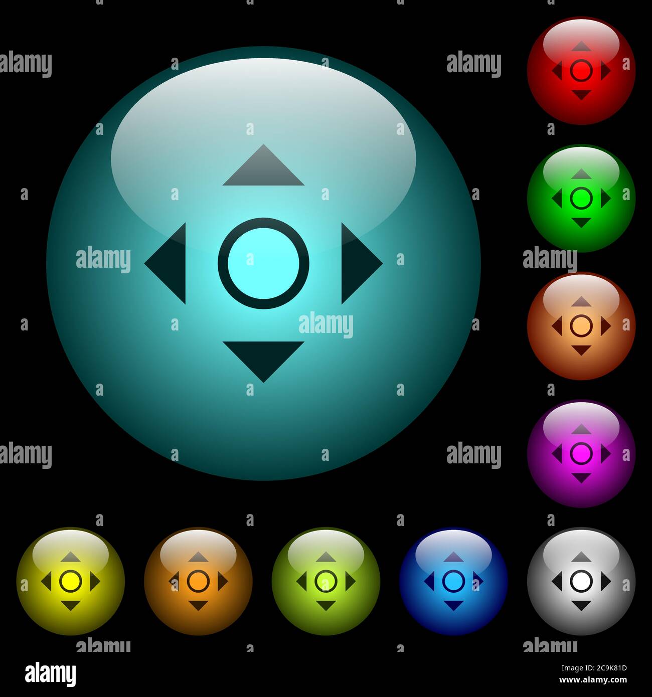 Scrolling tool icons in color illuminated spherical glass buttons on black background. Can be ...