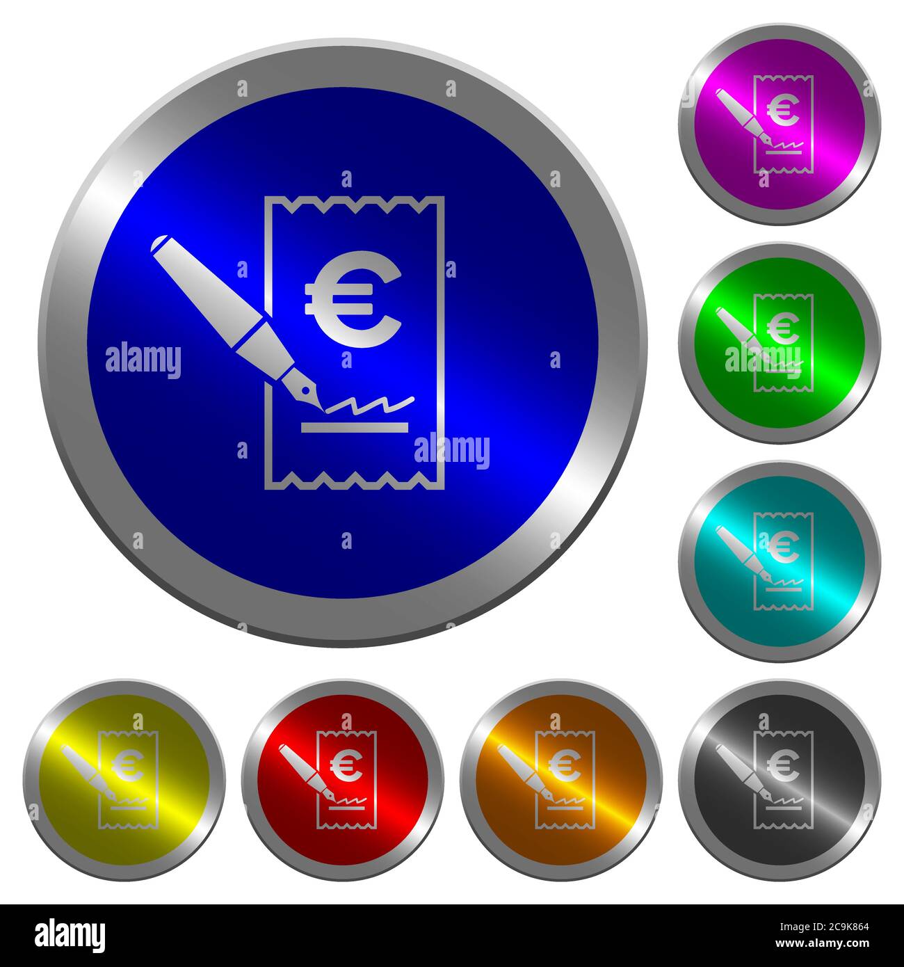 Signing Euro cheque icons on round luminous coin-like color steel ...