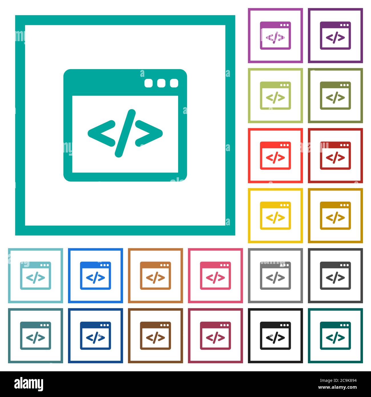 Programming code in software window flat color icons with quadrant frames on white background ...