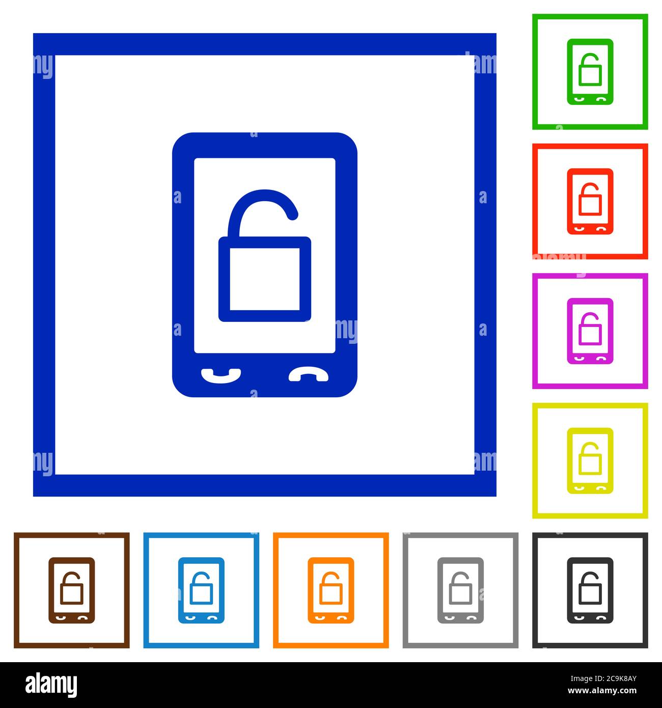 Smartphone unlock flat color icons in square frames on white background ...