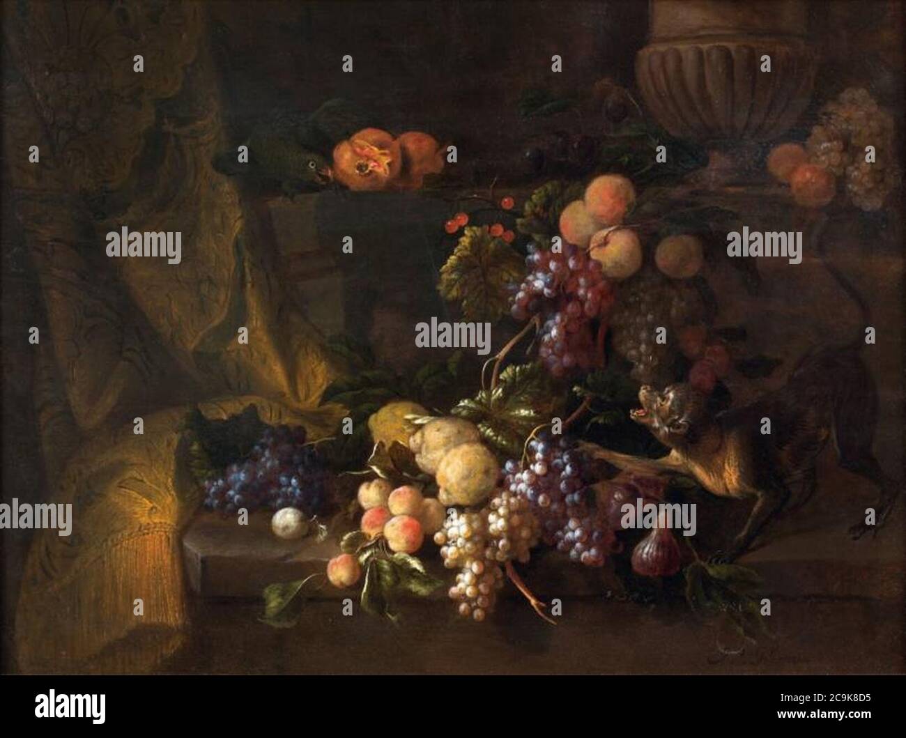 Jan Pauwel Gillemans (II) - Still life with grapes, monkey and parrot ...