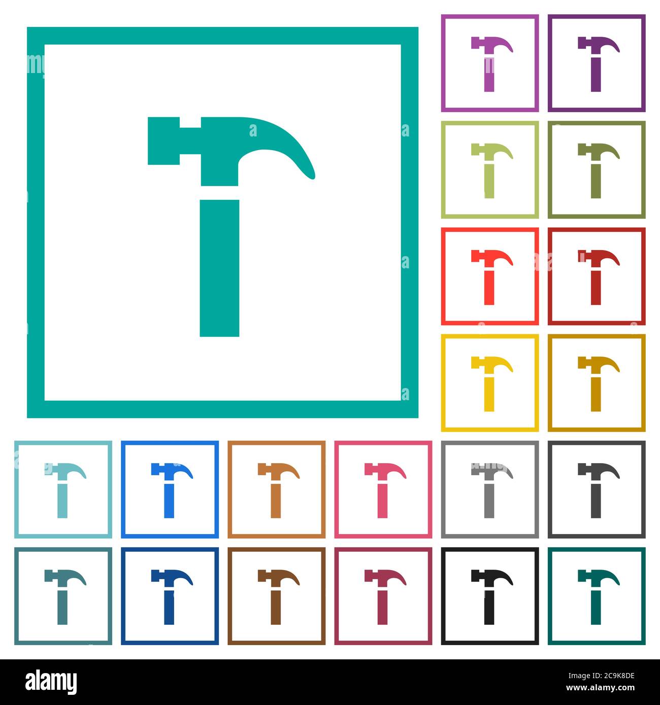 Single hammer flat color icons with quadrant frames on white background ...