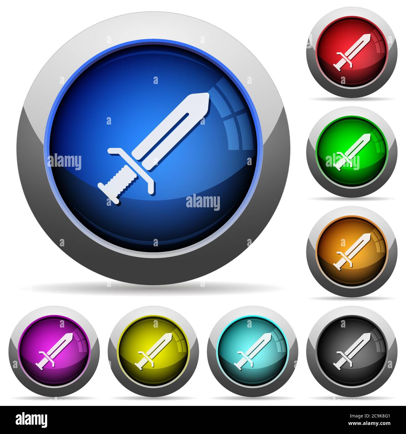 Sword icons in round glossy buttons with steel frames Stock Vector ...