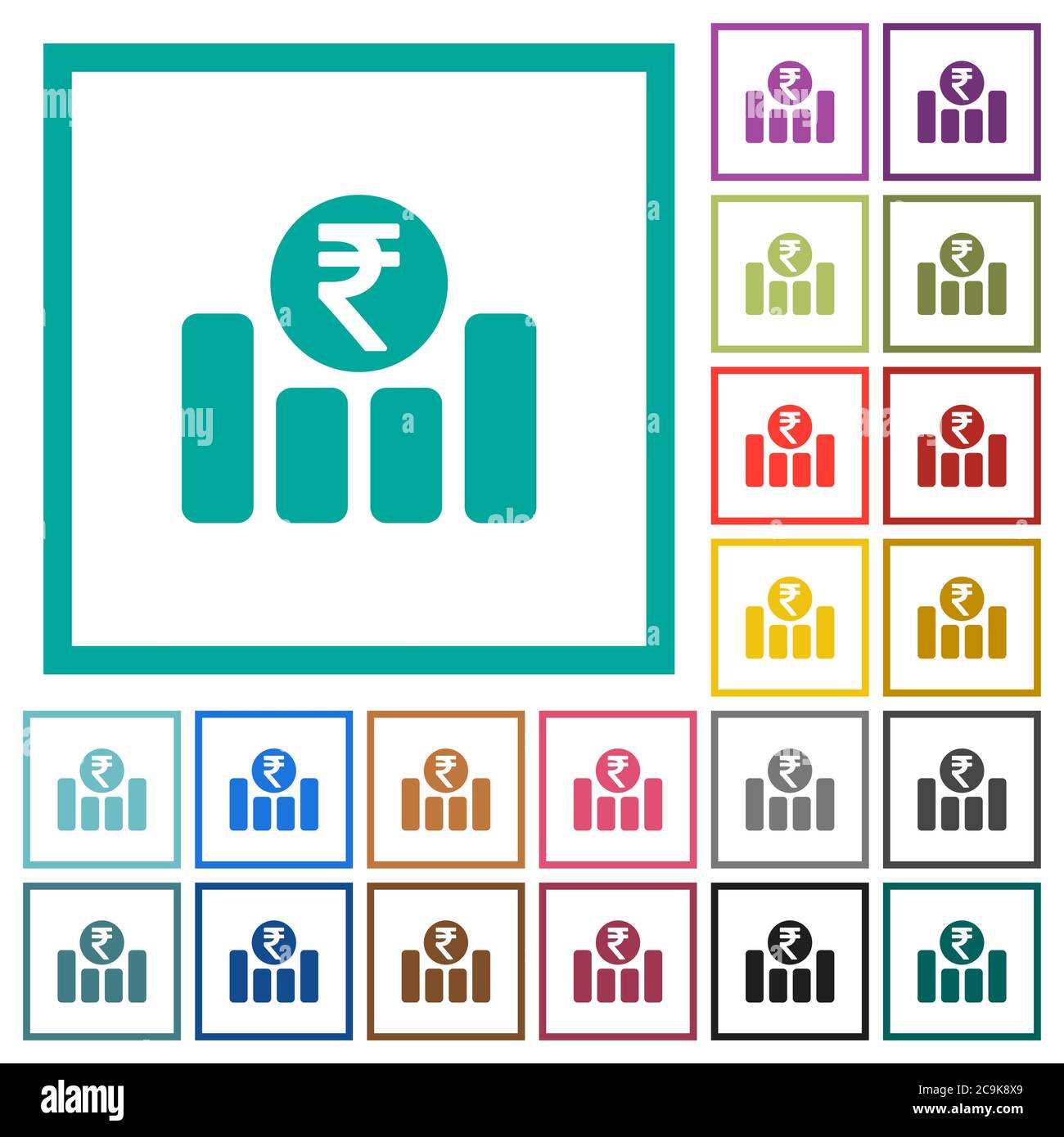 Indian Rupee financial graph flat color icons with quadrant frames on ...