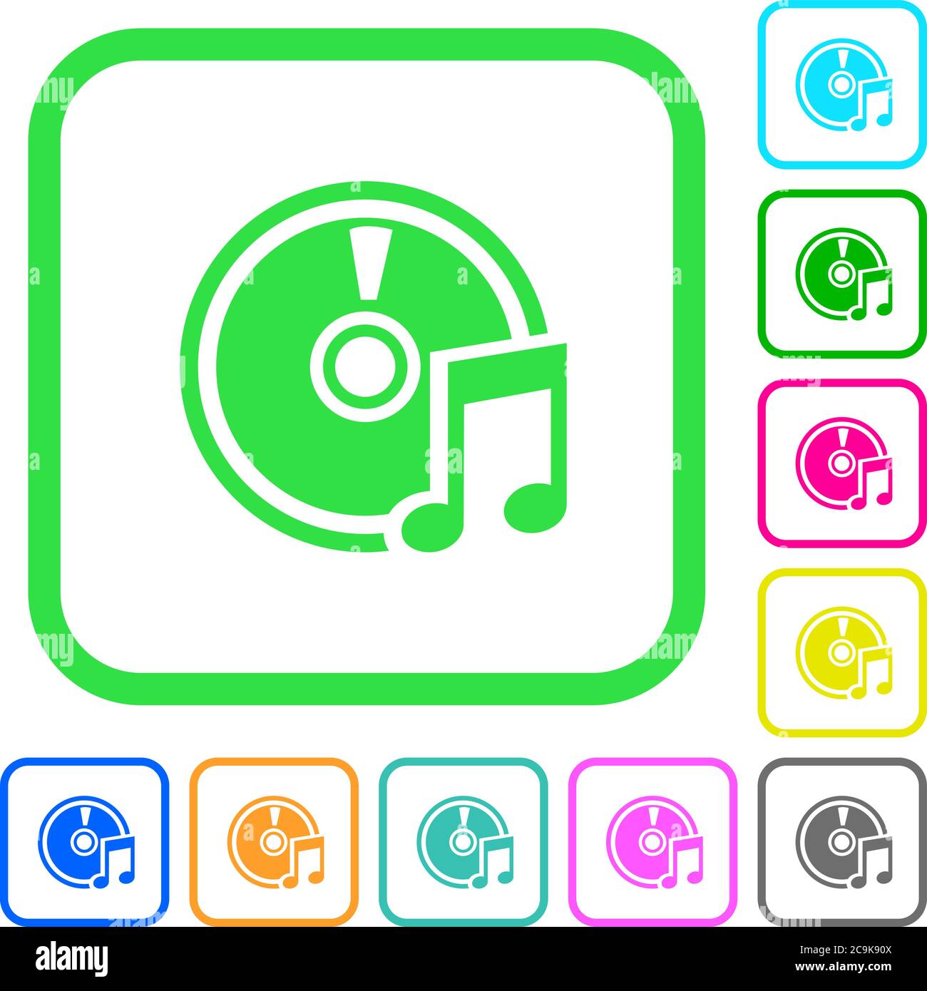Audio CD vivid colored flat icons in curved borders on white background ...