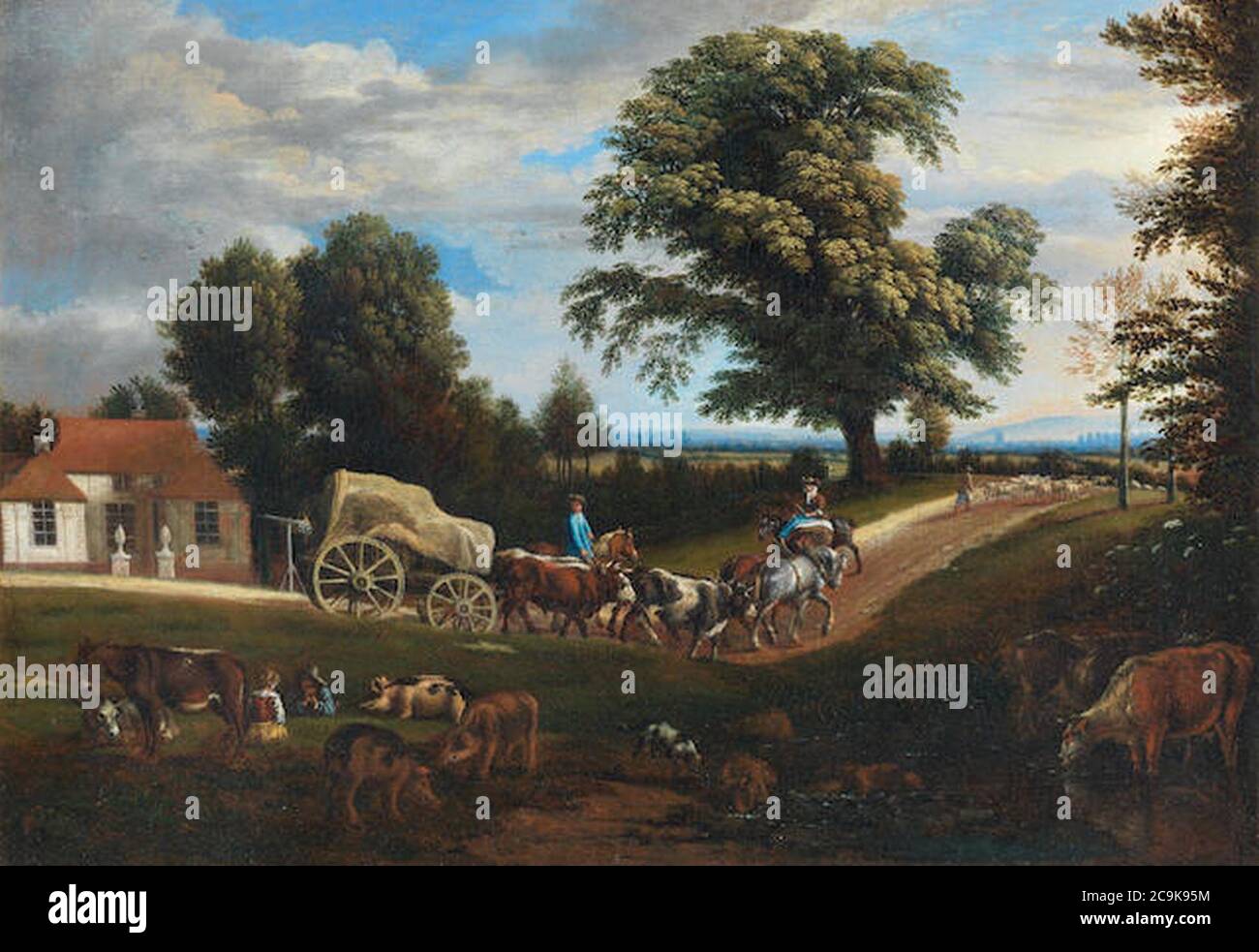Jan Siberechts - Drovers with their flock and wagon on a country path ...