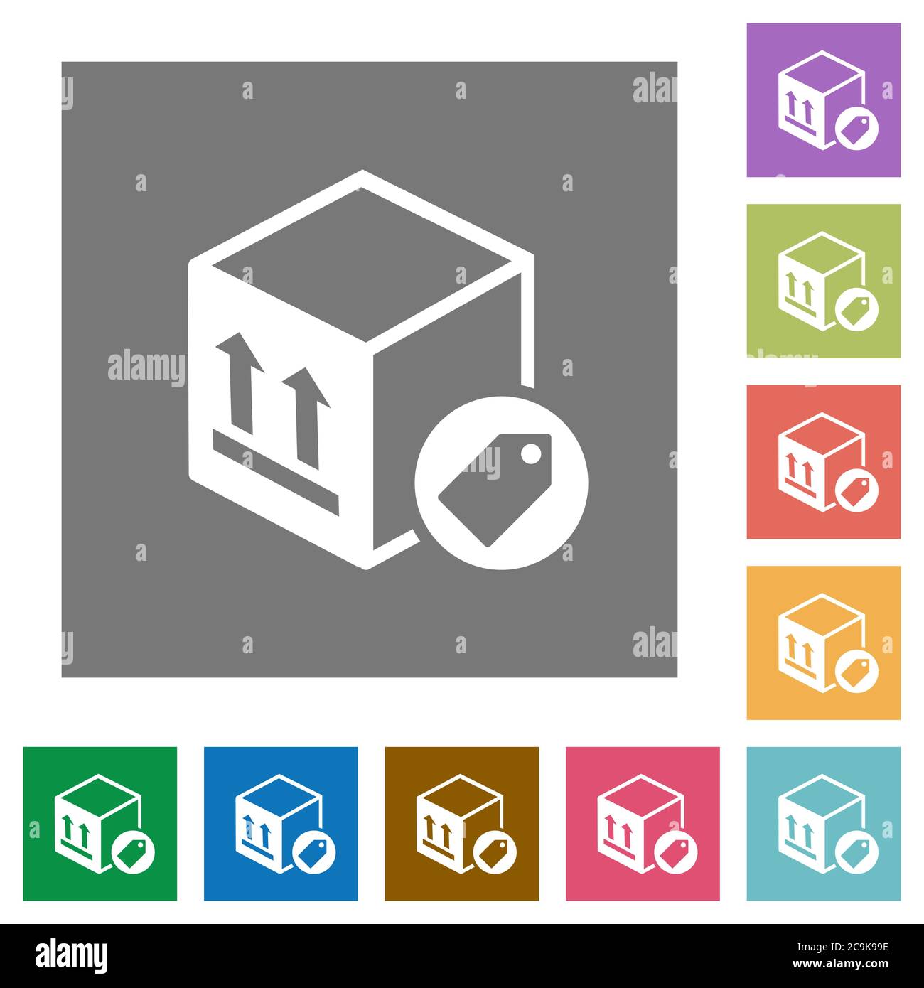 Package labeling flat icons on simple color square backgrounds Stock ...