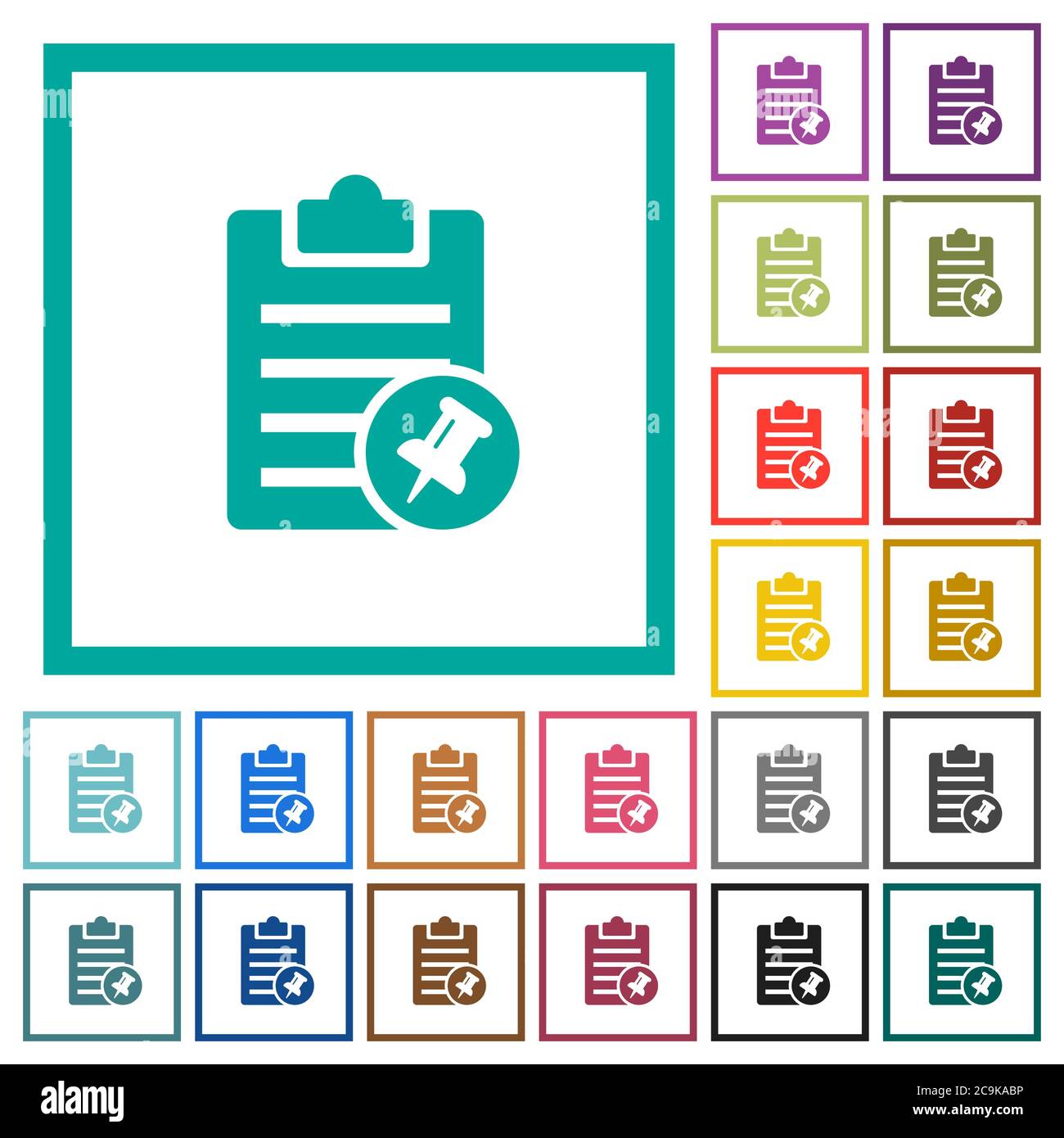 Note pin flat color icons with quadrant frames on white background ...