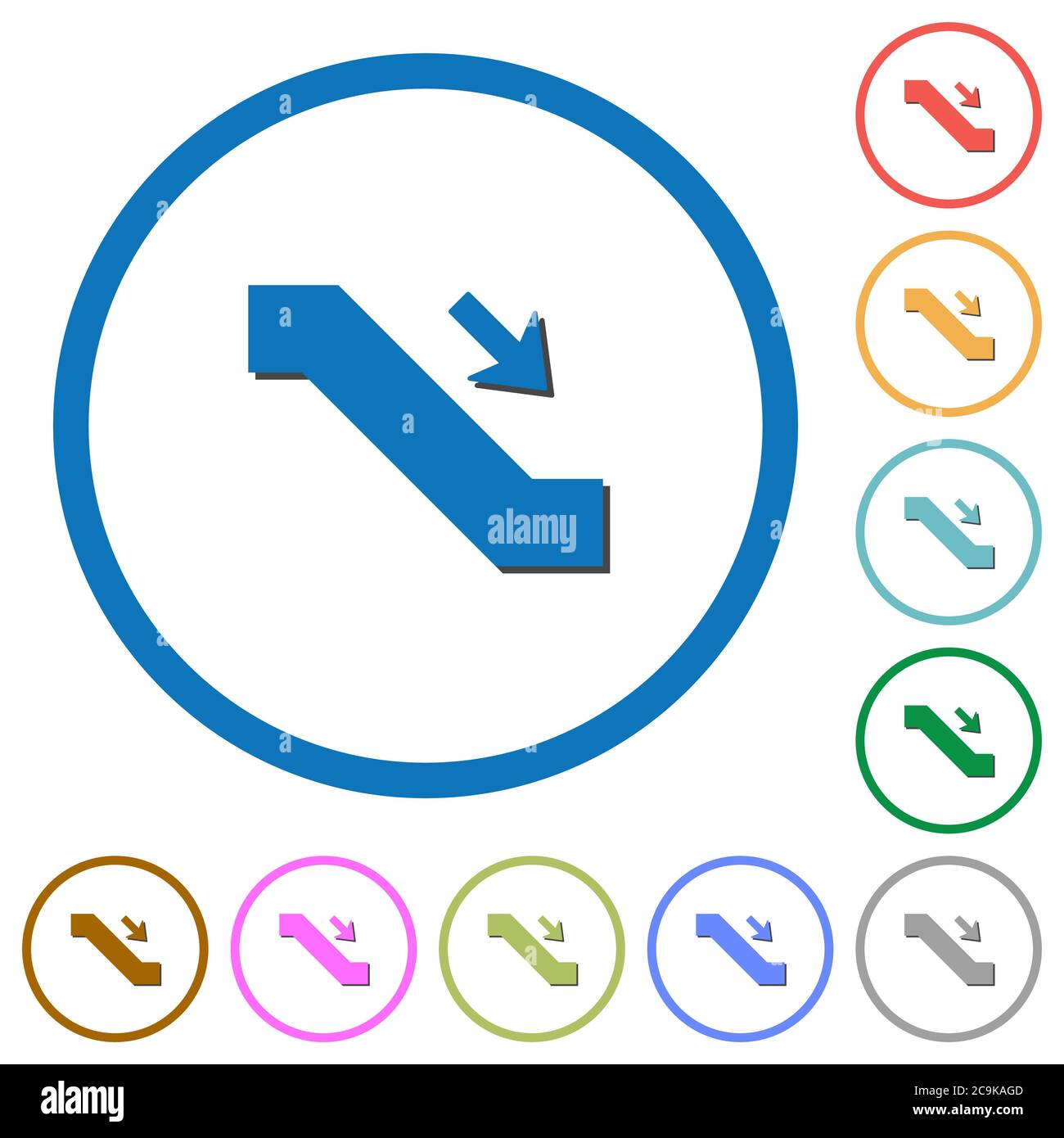 Escalator down sign flat color vector icons with shadows in round outlines on white background ...