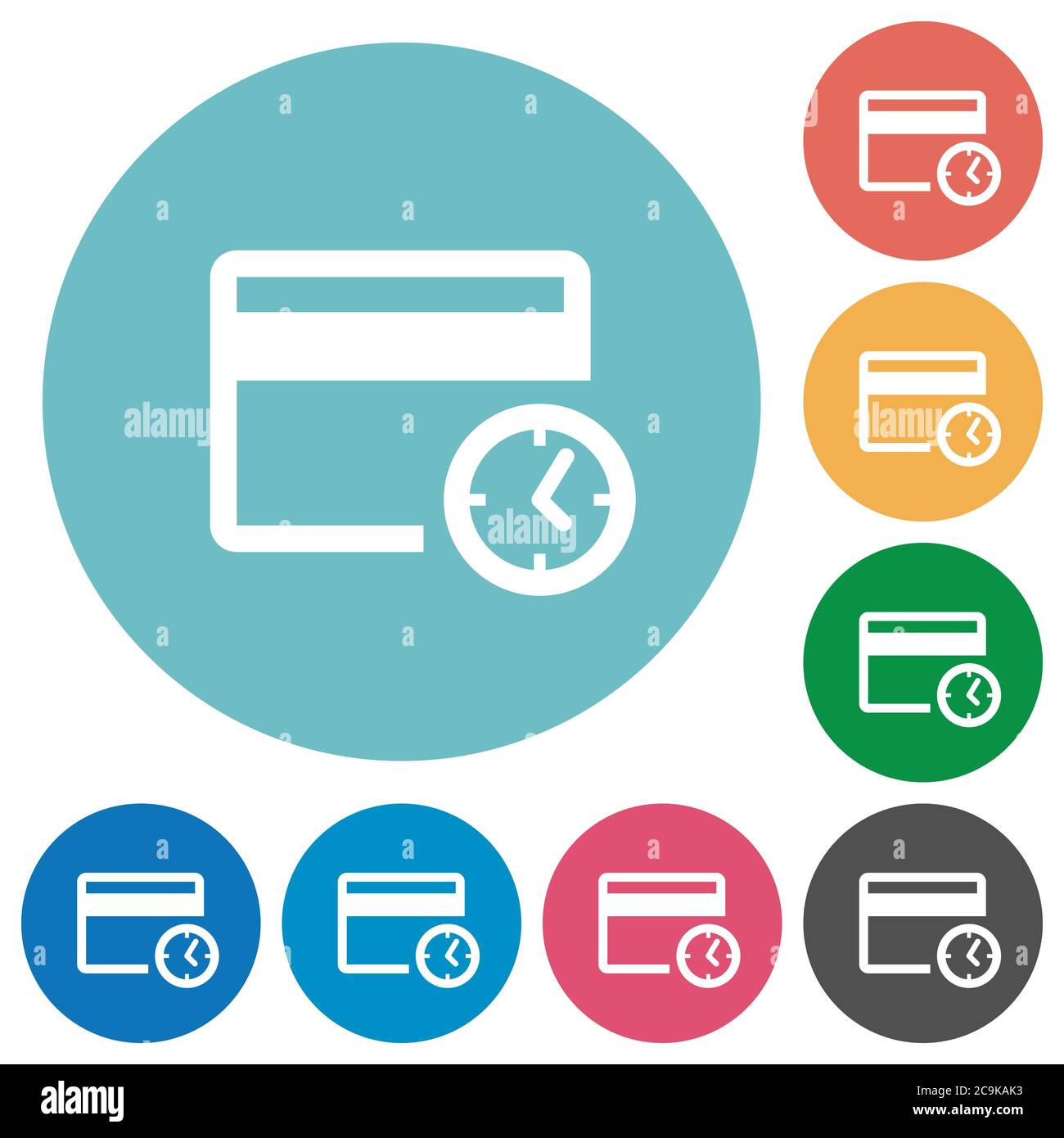 Credit card transaction history flat white icons on round color ...