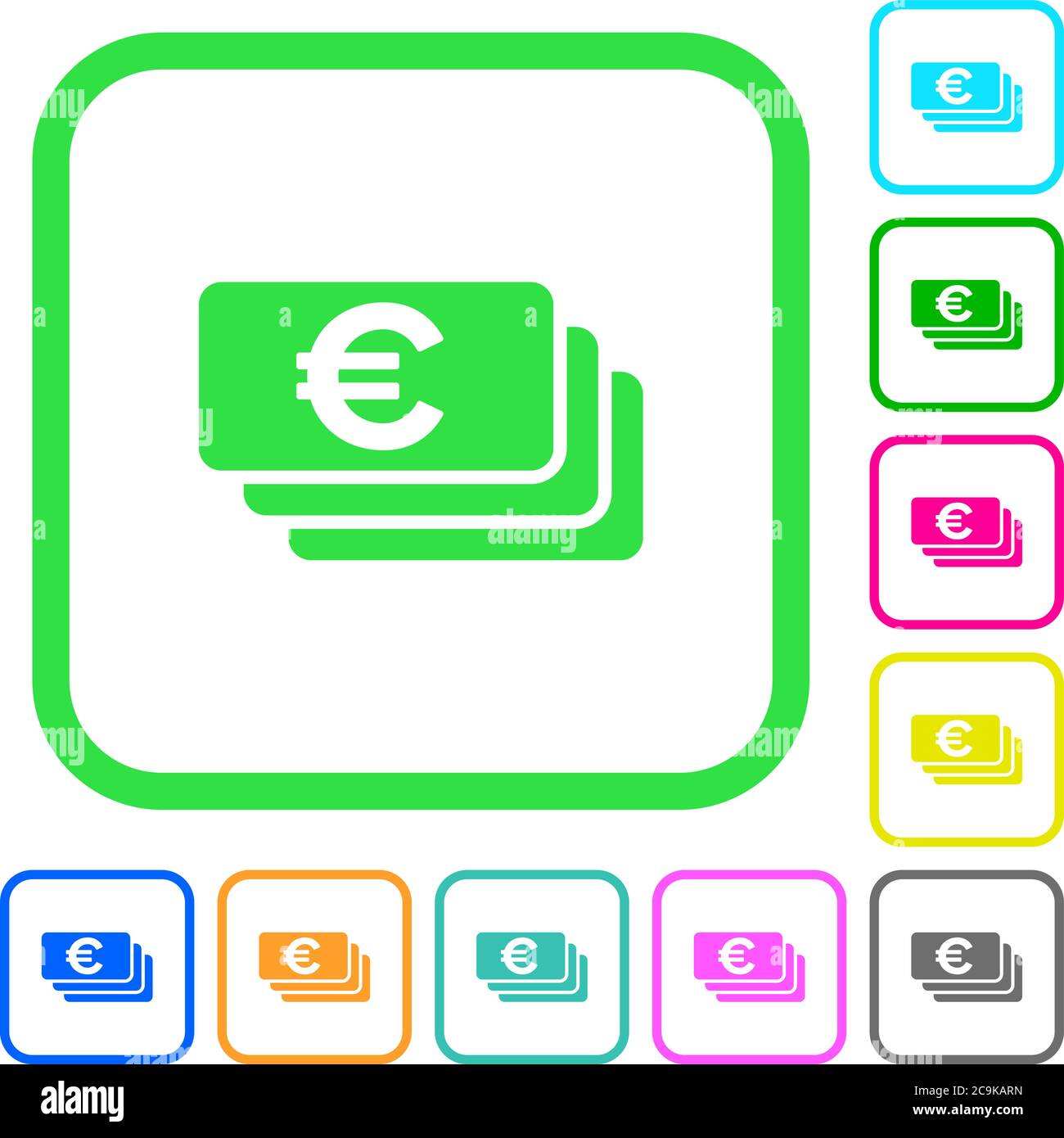 Euro banknotes vivid colored flat icons in curved borders on white ...