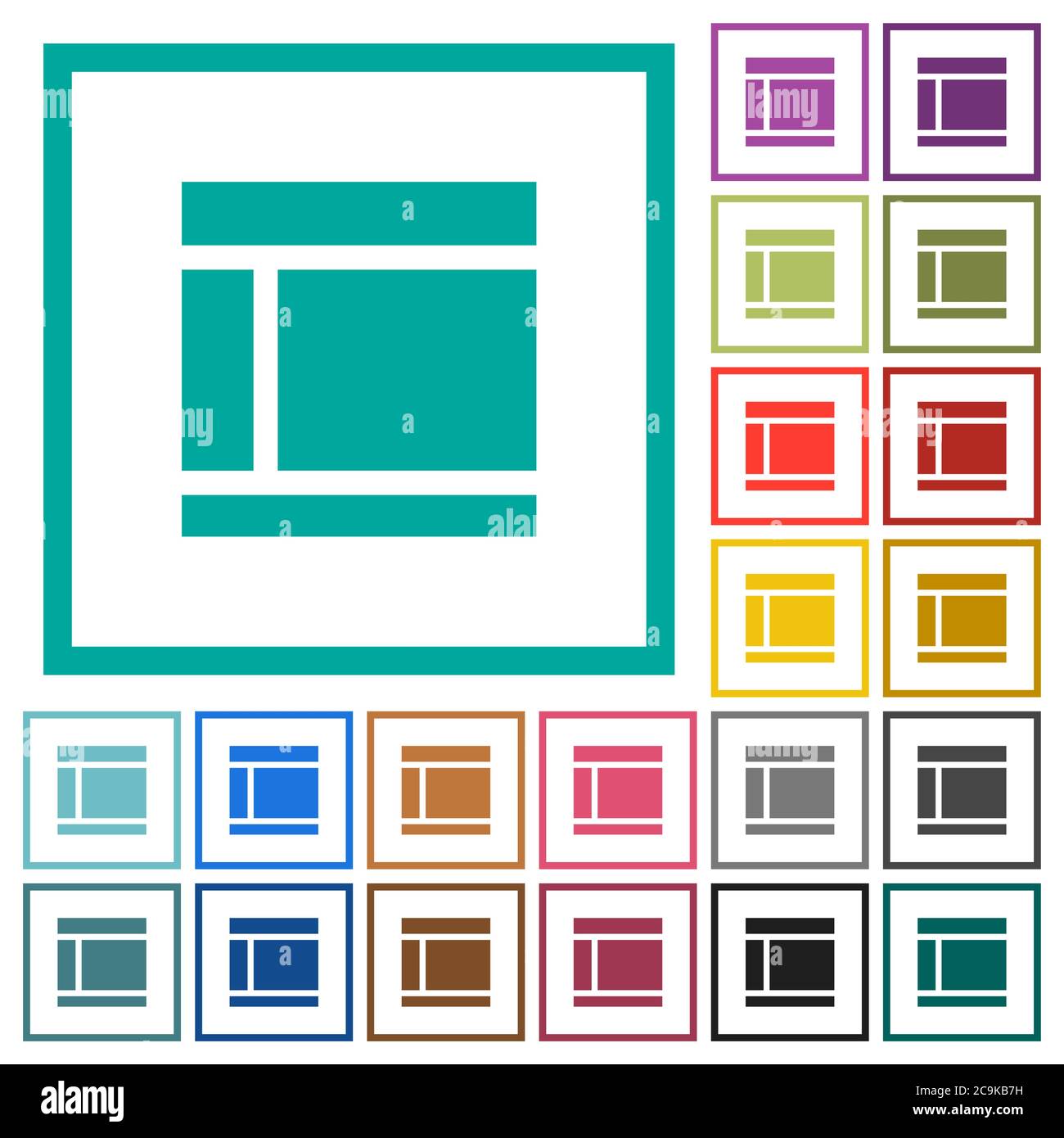Two columned web layout flat color icons with quadrant frames on white ...