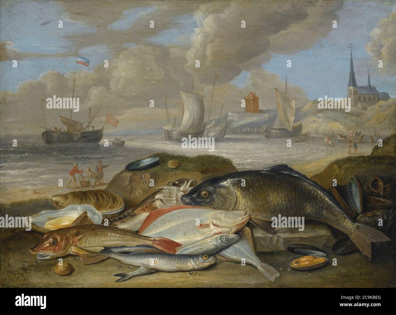 Jan van Kessel (I) - Still life of fish in a harbor landscape, possibly ...