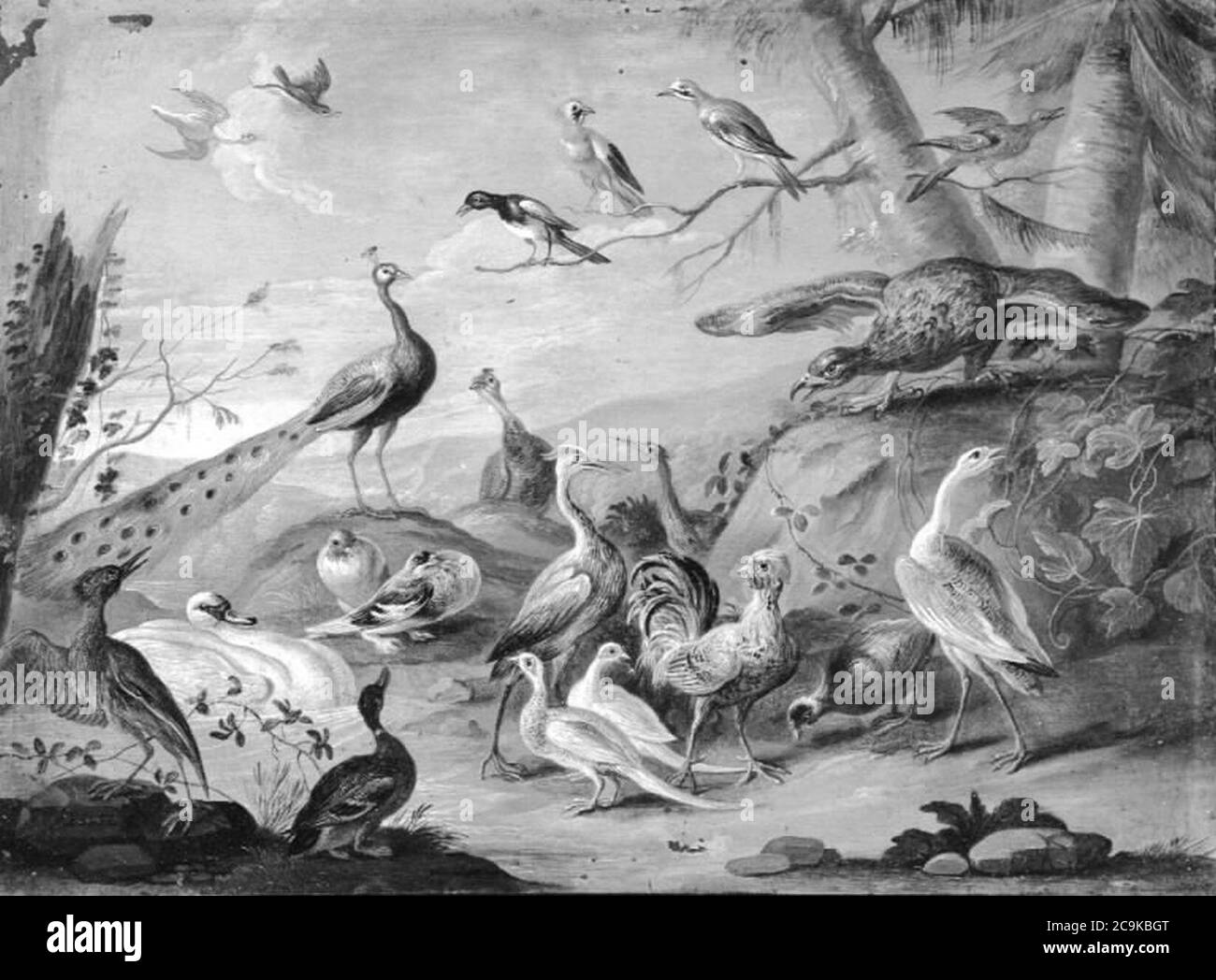 Jan van Kessel d.Æ. - A Hilly Landscape with a Peacock an Eagle and ...