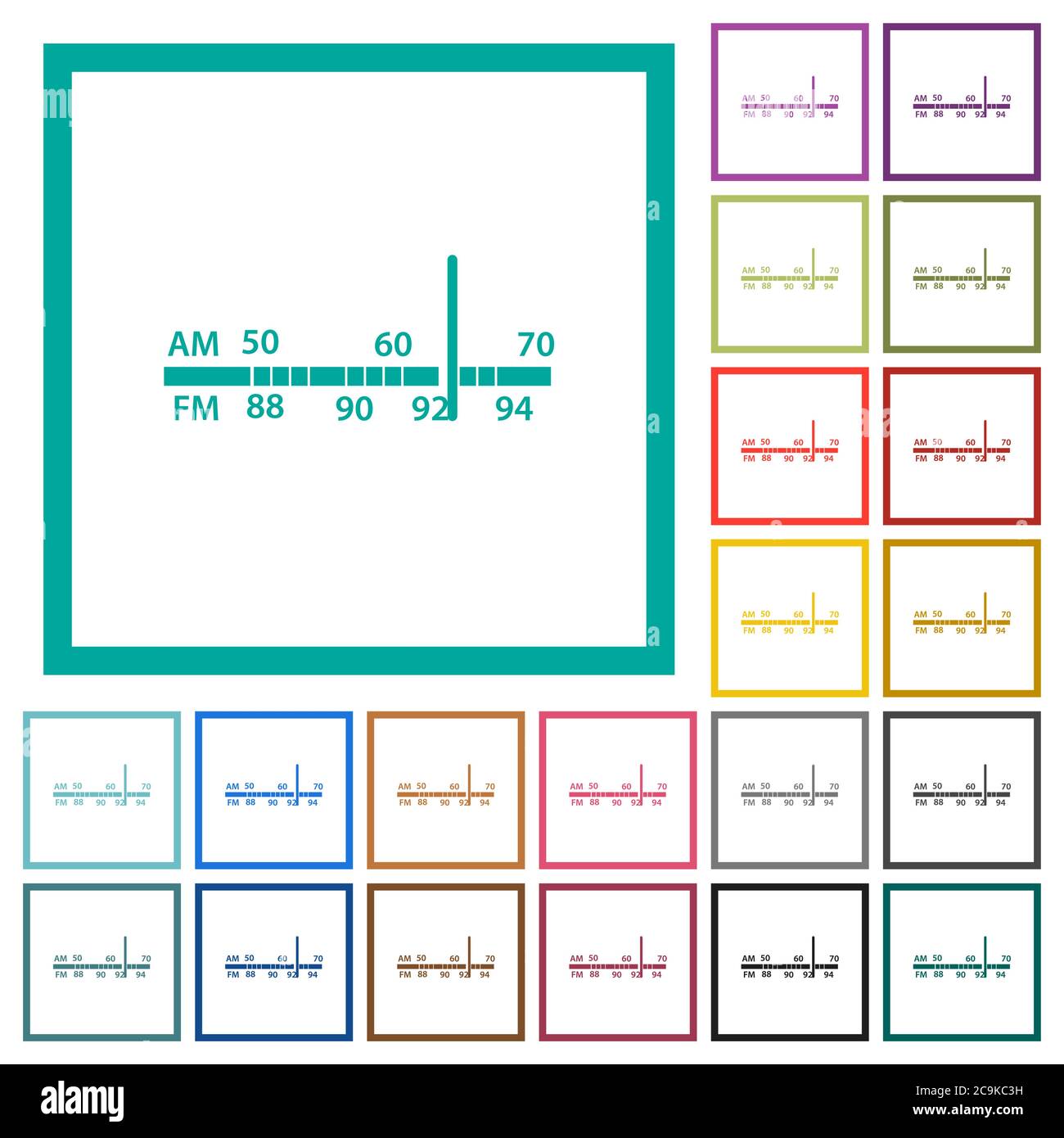 Radio tuner flat color icons with quadrant frames on white background ...