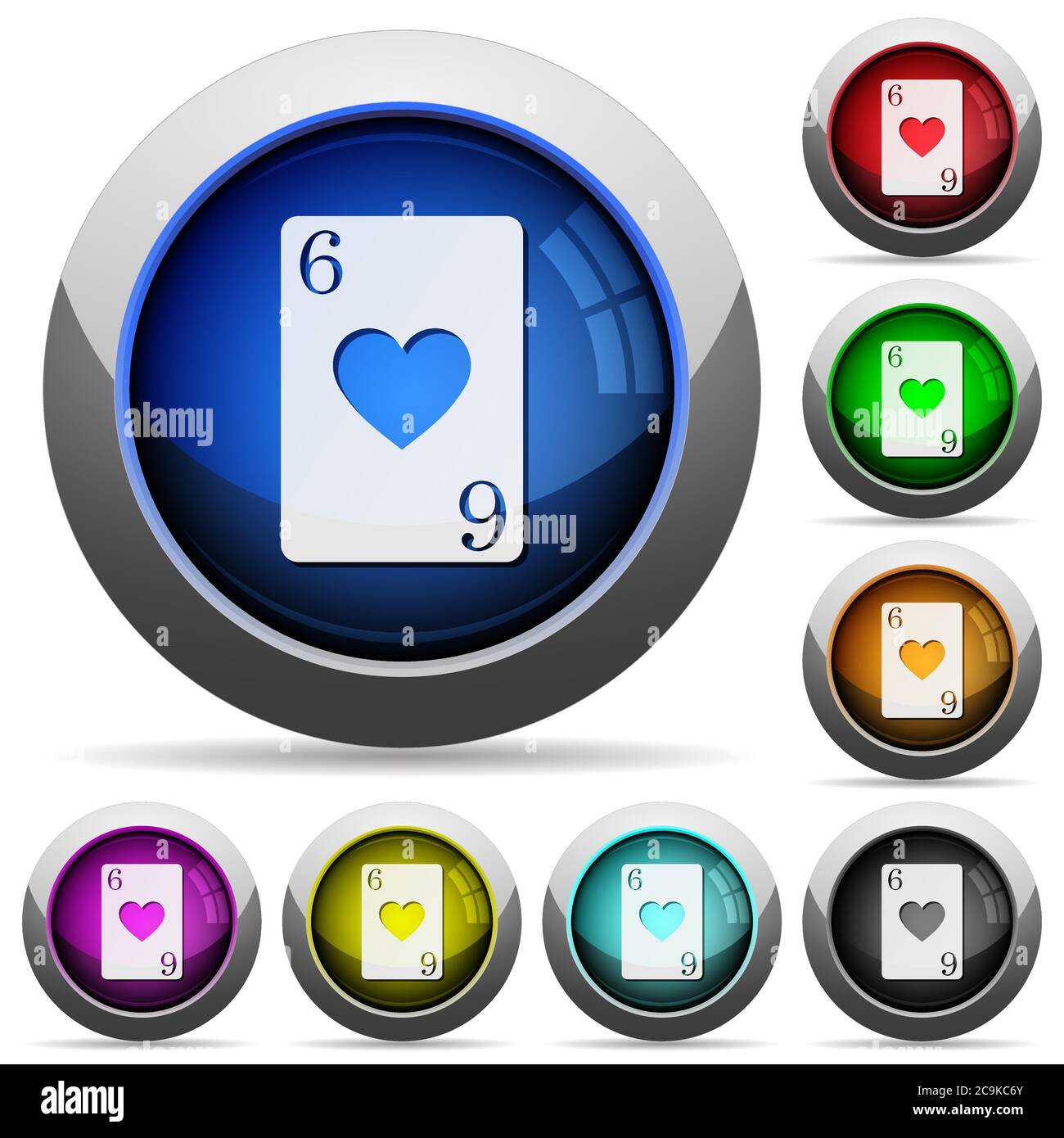 Six of hearts card icons in round glossy buttons with steel frames ...
