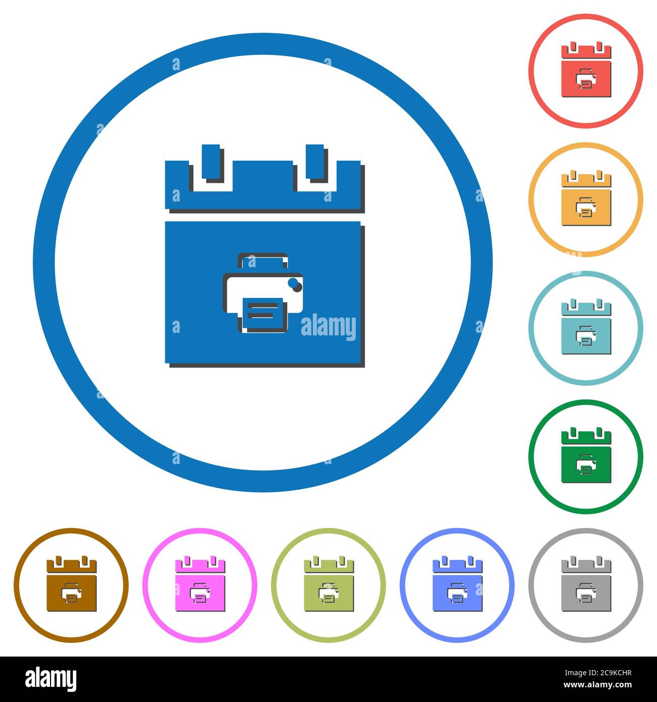 Print schedule item flat color vector icons with shadows in round ...