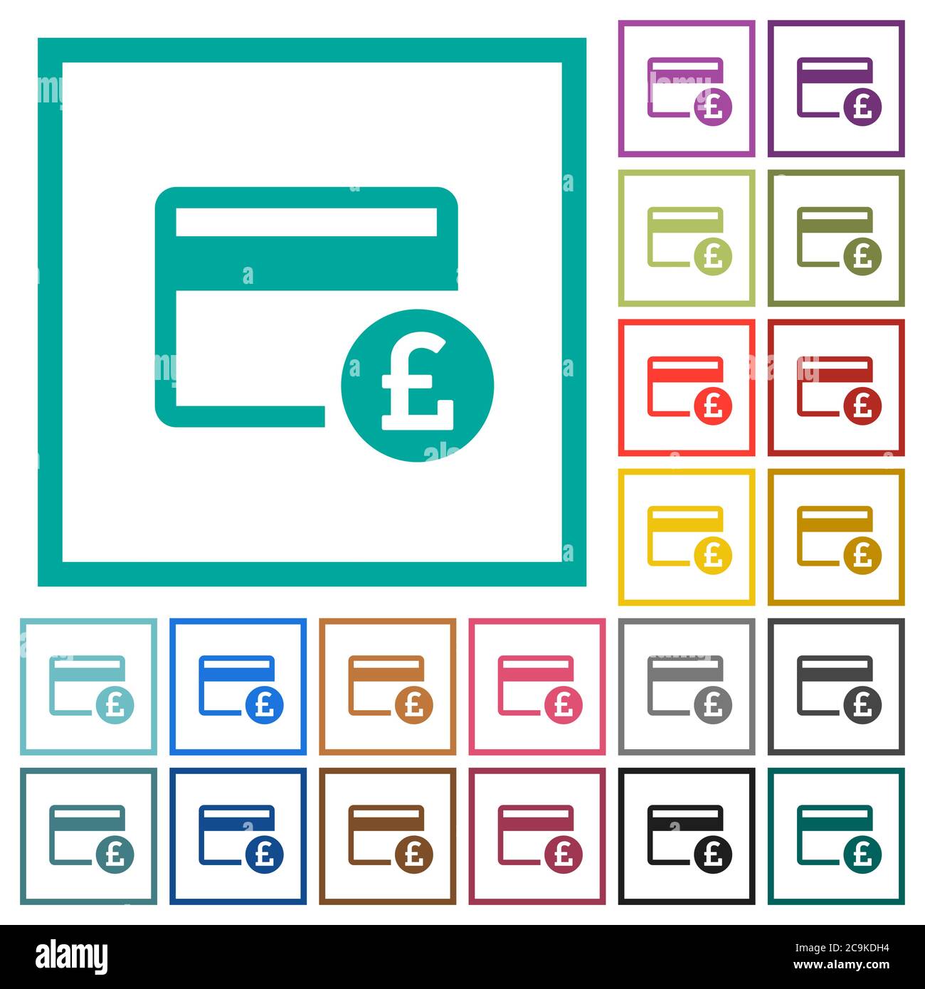 Pound credit card flat color icons with quadrant frames on white ...