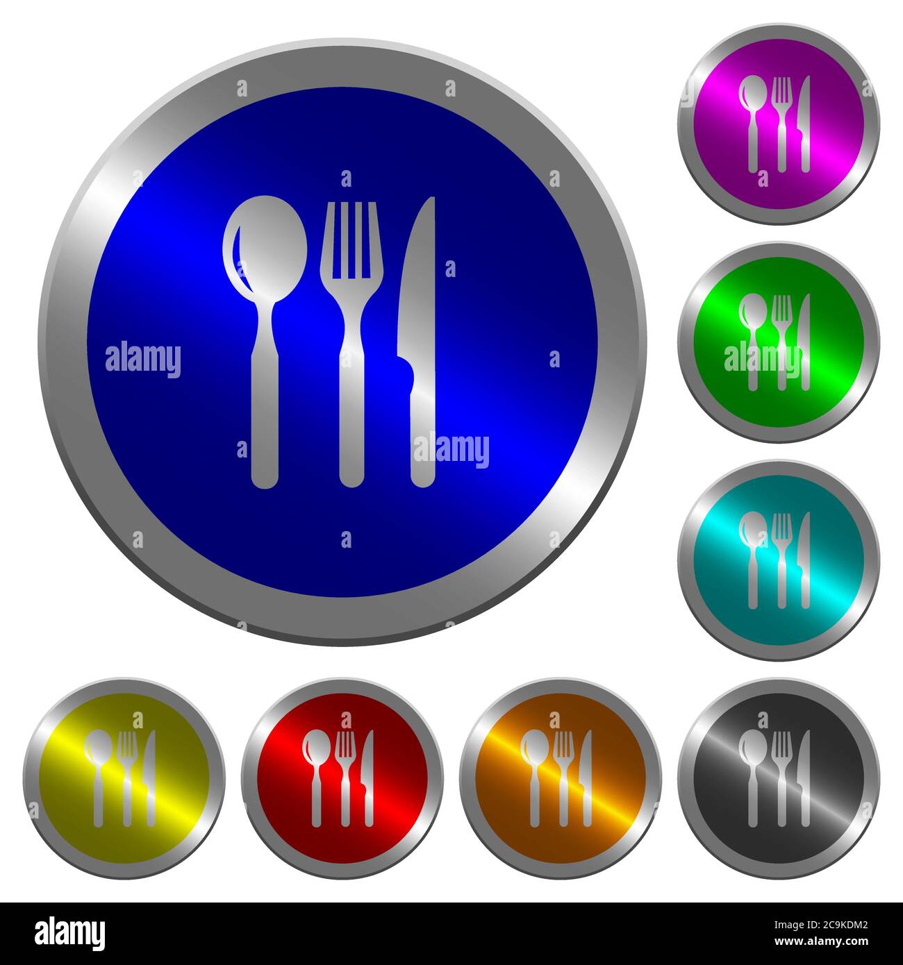Restaurant icons on round luminous coin-like color steel buttons Stock ...