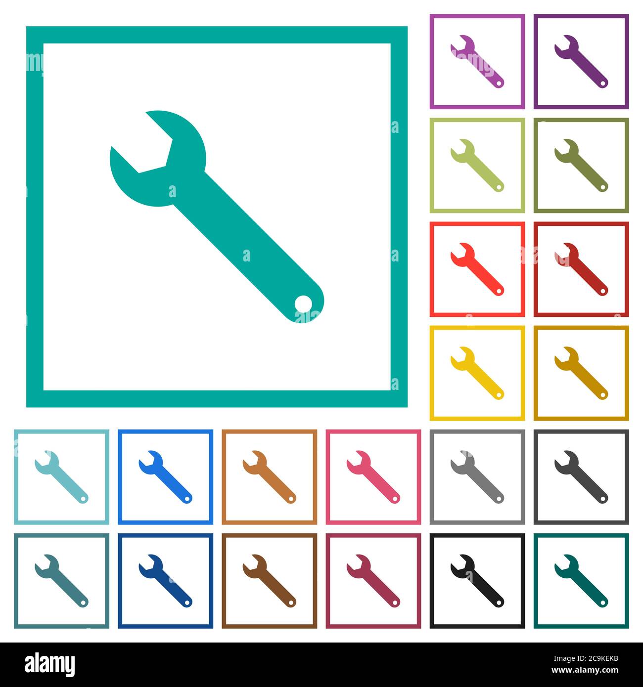Single wrench flat color icons with quadrant frames on white background ...