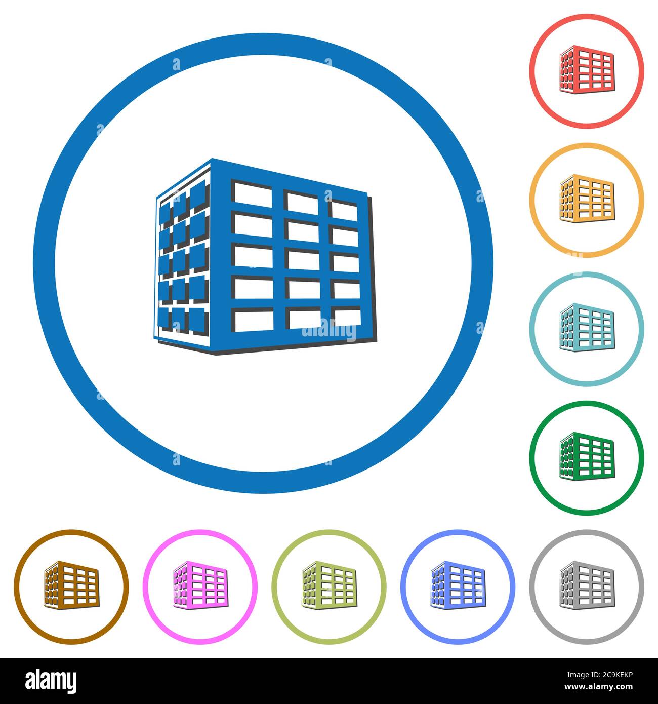 Office block flat color vector icons with shadows in round outlines on white background Stock ...