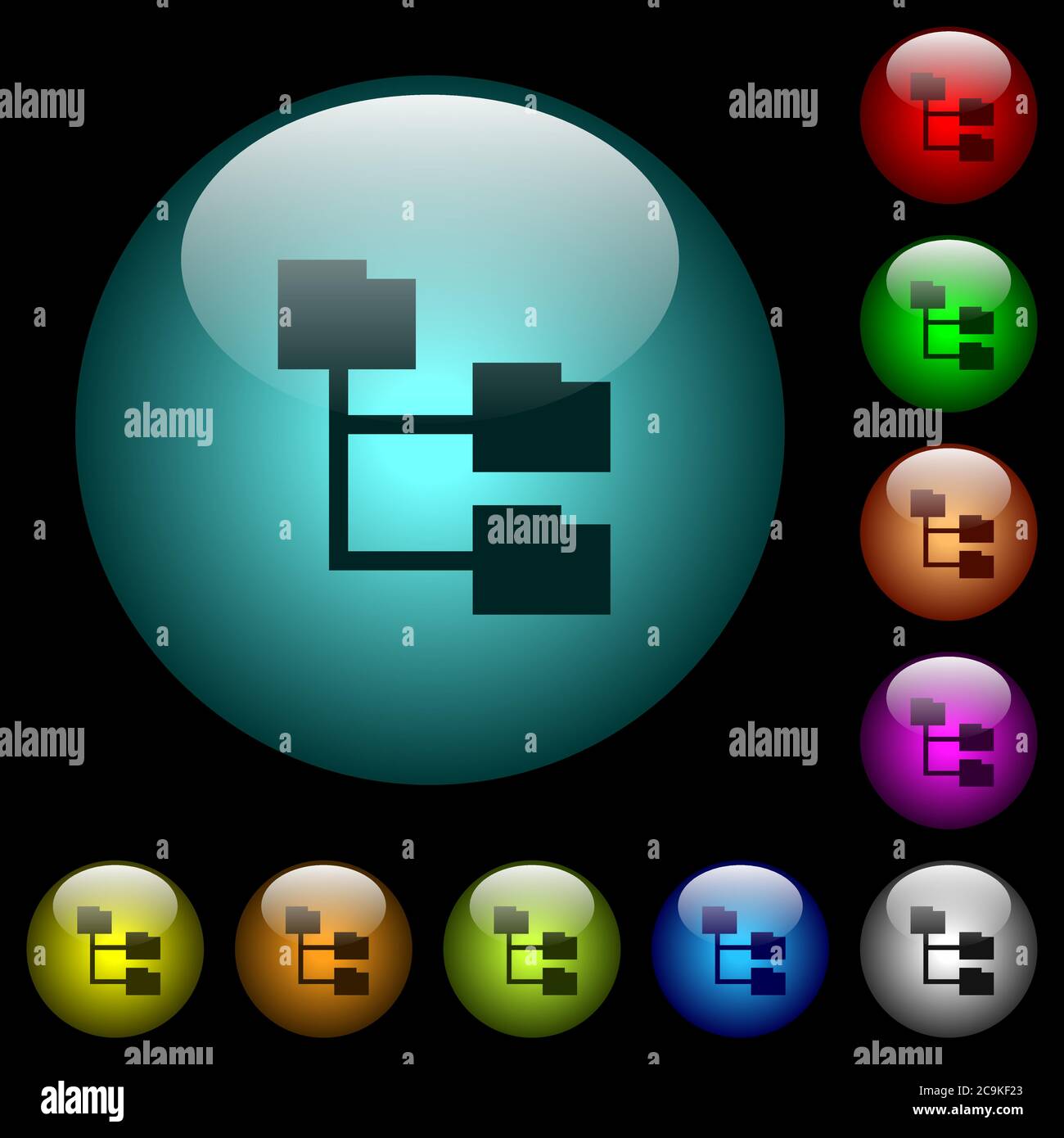 Folder structure icons in color illuminated spherical glass buttons on ...