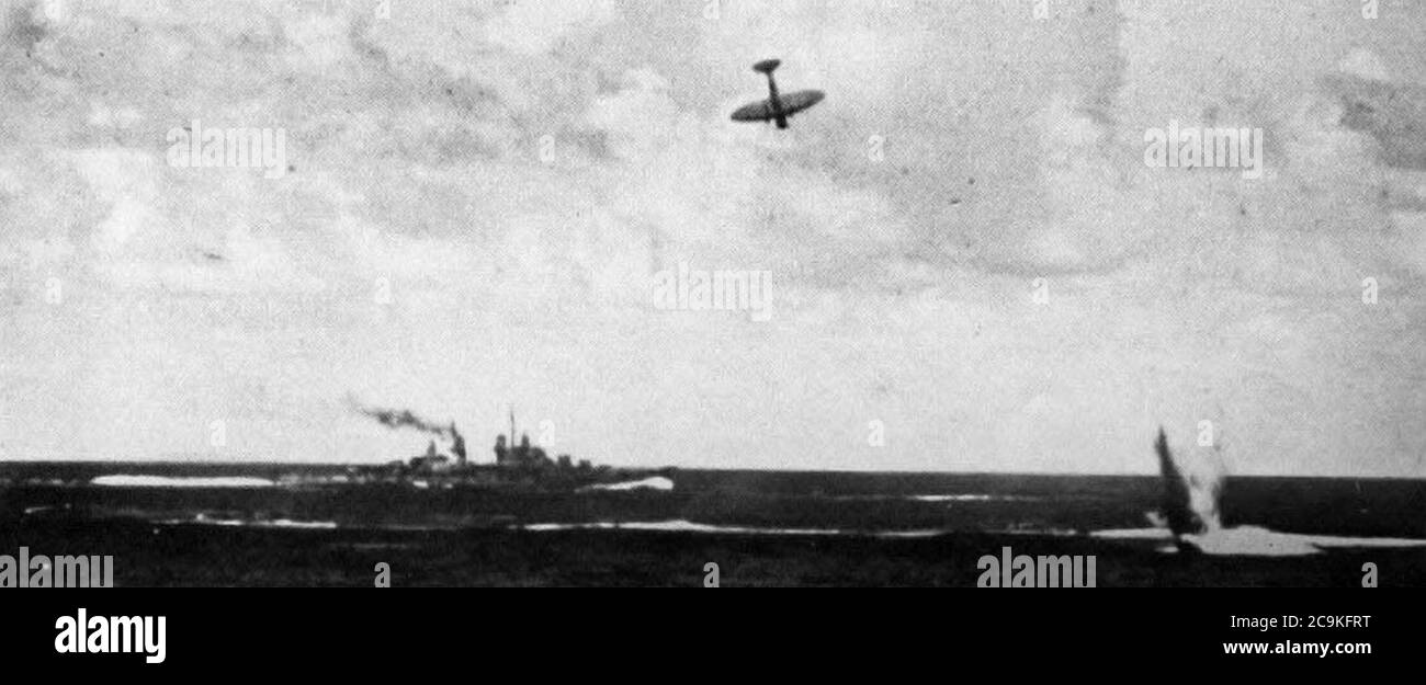 Japanese Aichi D3A crashes near USS San Diego (CL-53) during the Battle ...