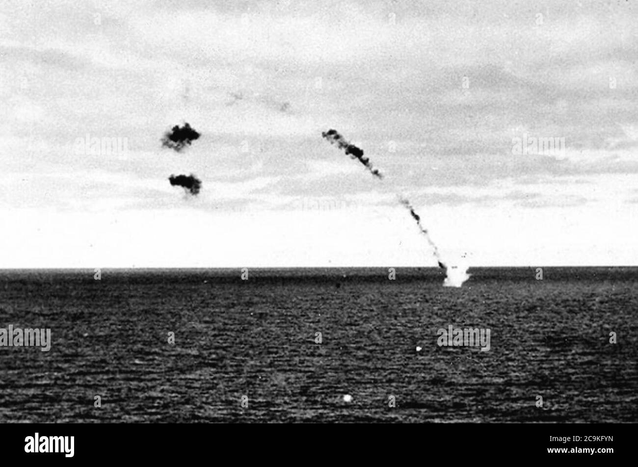 Japanese B5N2 shot down near USS Yorktown (CV-5) in June 1942 Stock ...