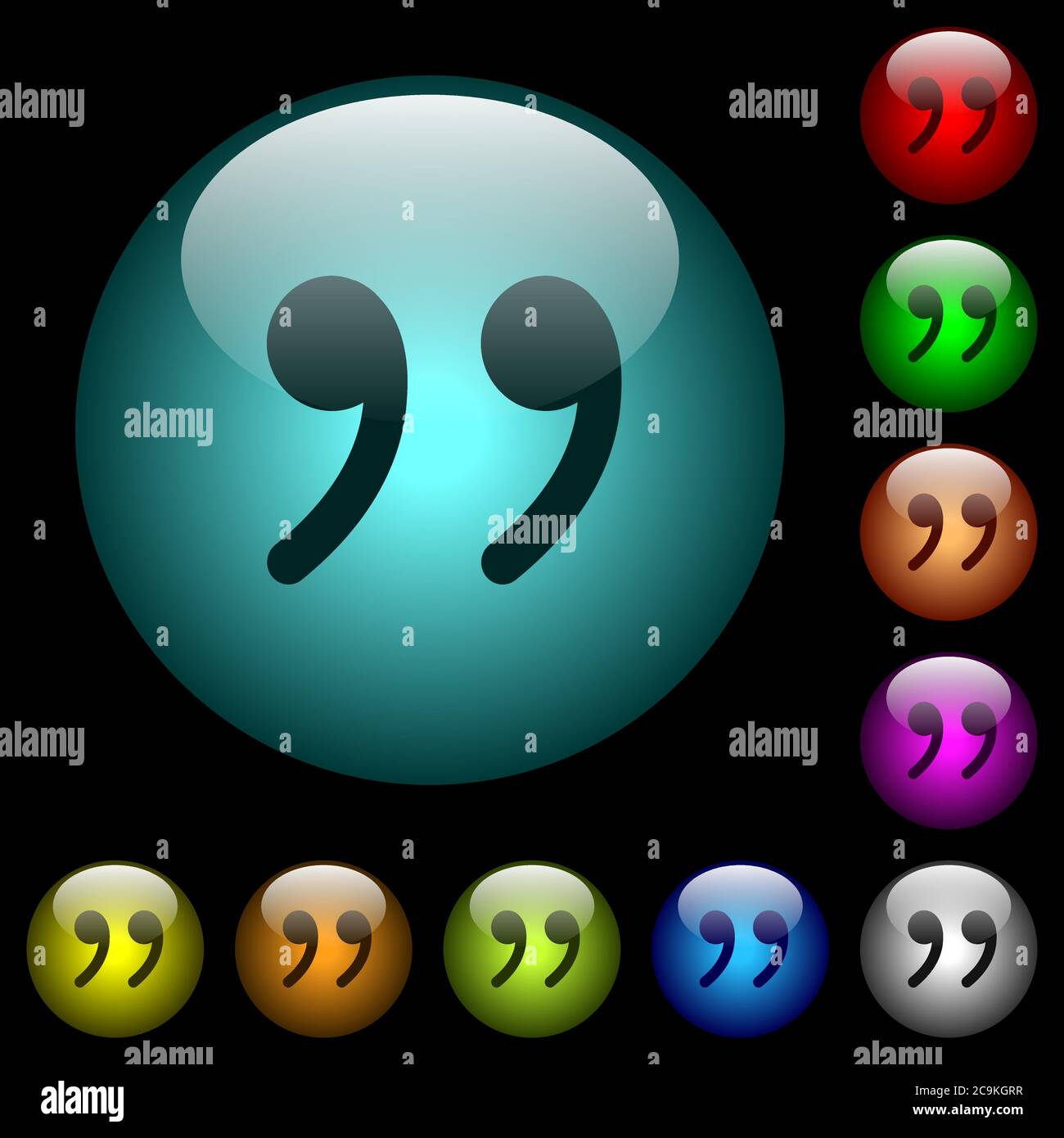 Quotation mark icons in color illuminated spherical glass buttons on ...
