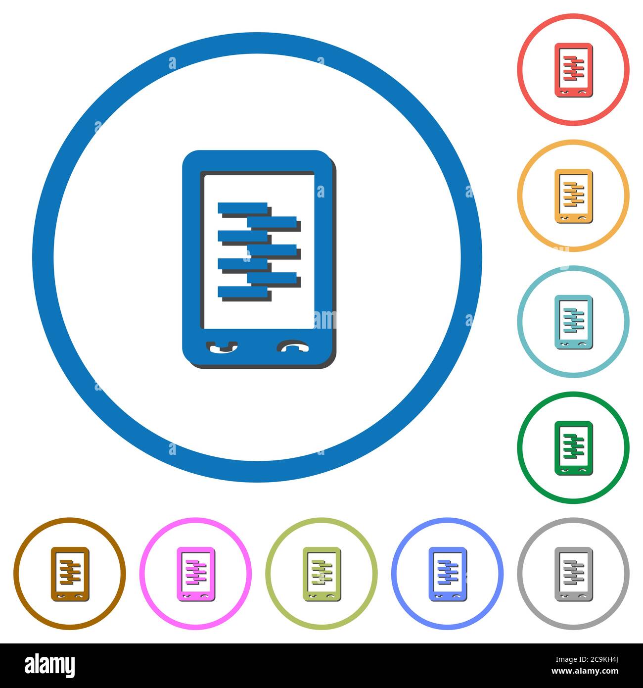 Mobile compress data flat color vector icons with shadows in round ...