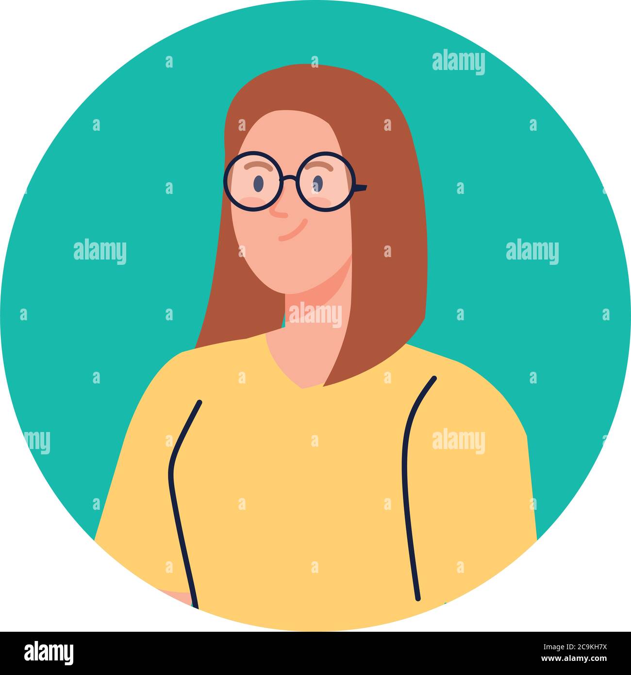 young woman with eyeglasses in frame circular, on white background ...
