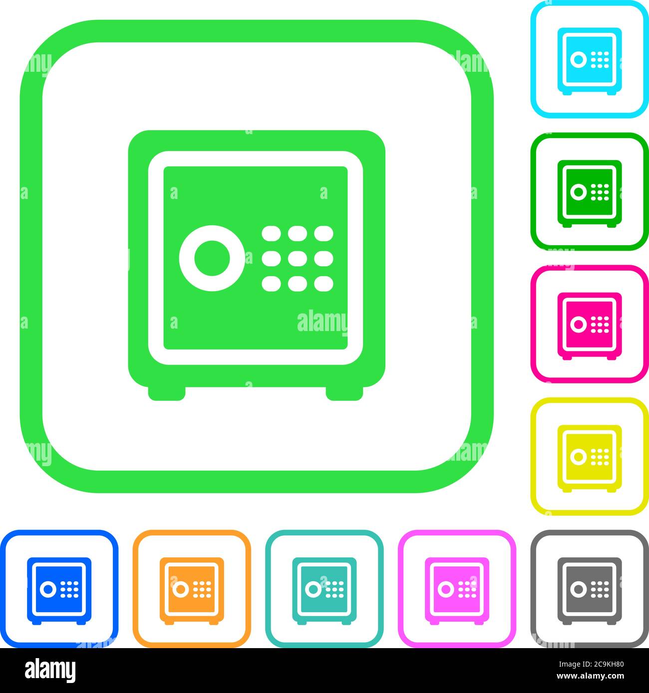 Strong box with key code vivid colored flat icons in curved borders on ...