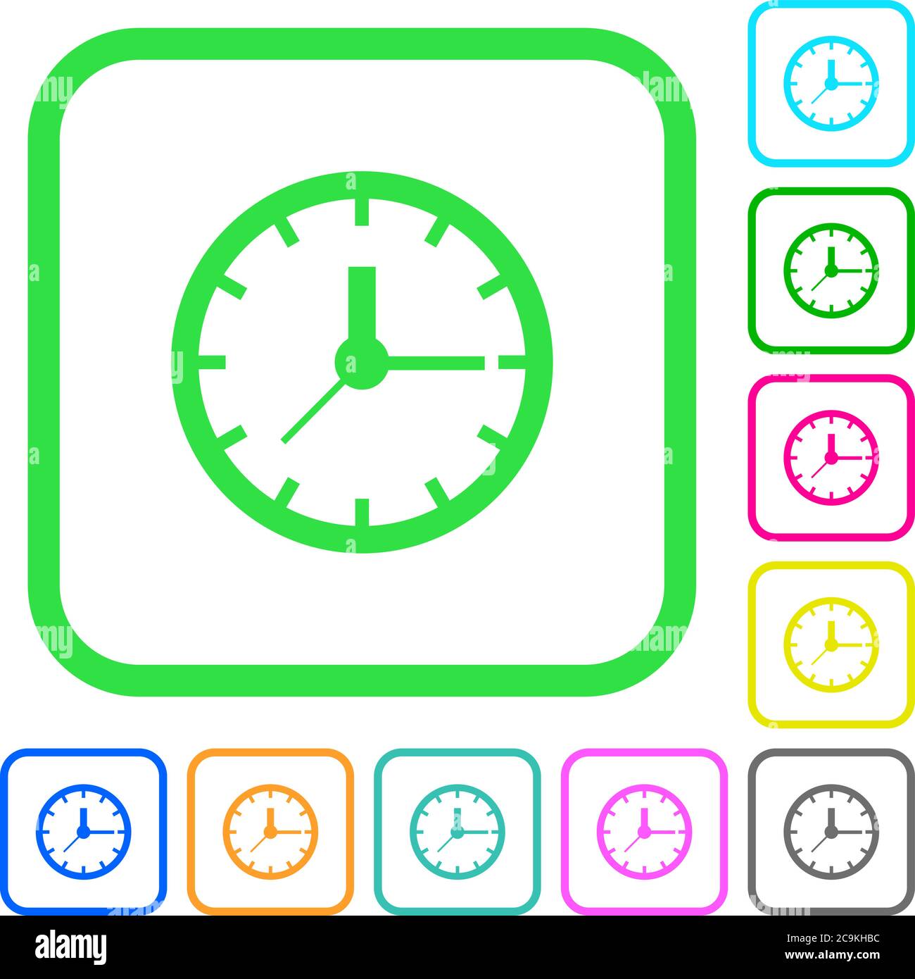 Analog clock vivid colored flat icons in curved borders on white ...