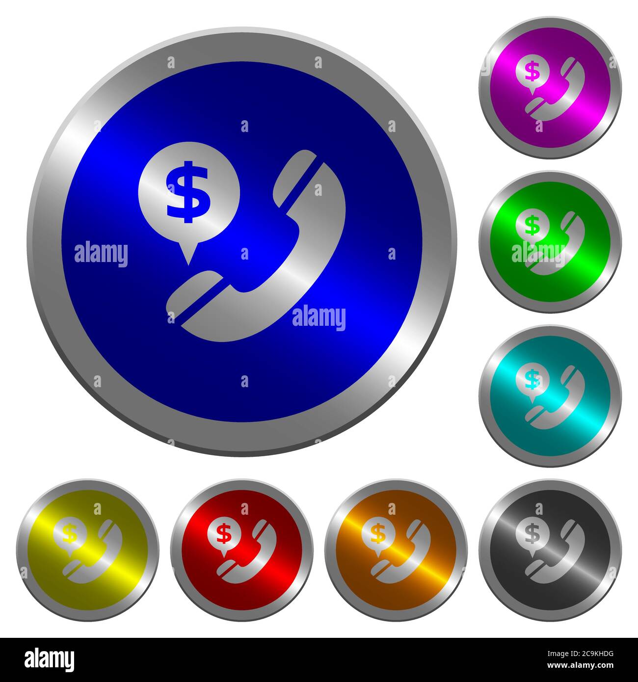 Dollar commercial call icons on round luminous coin-like color steel ...