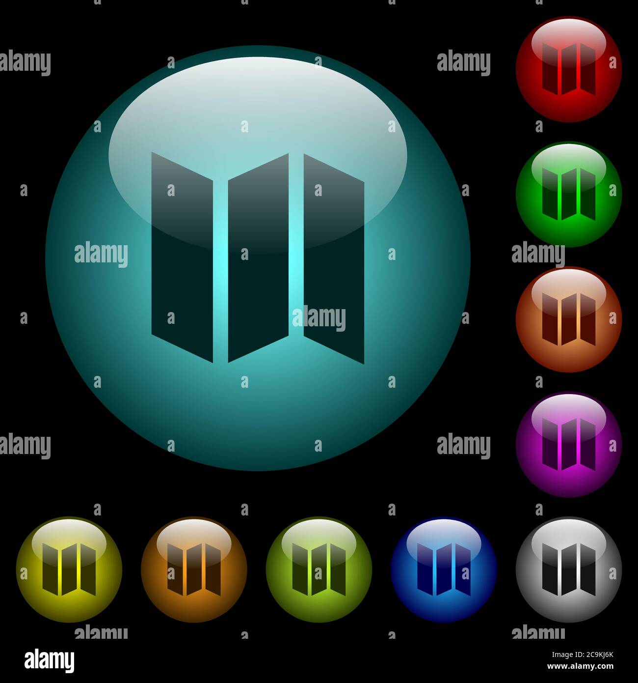 Collapsible map icons in color illuminated spherical glass buttons on ...