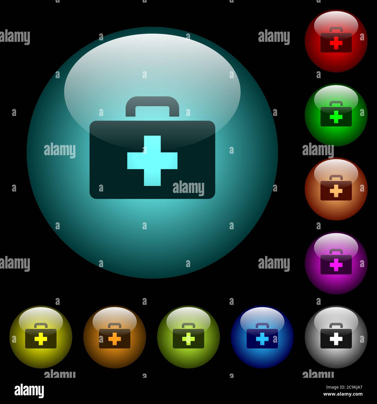 First aid kit icons in color illuminated spherical glass buttons on ...