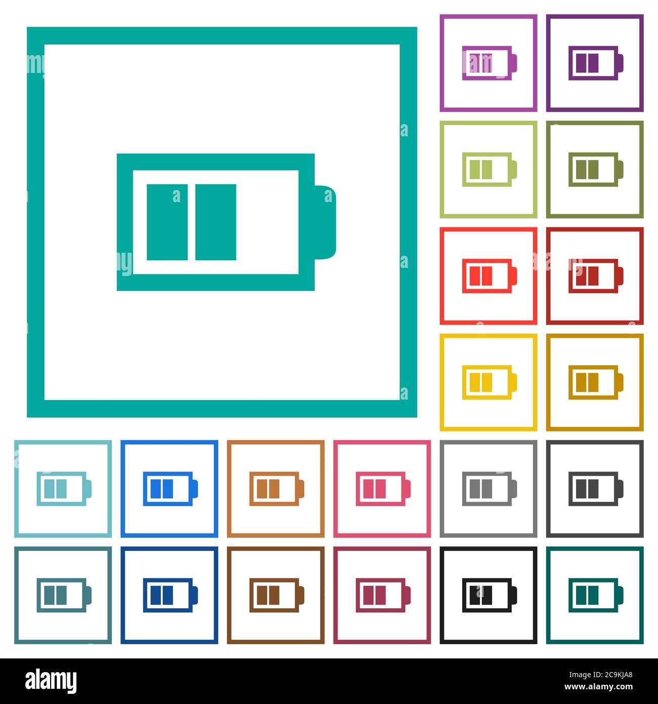 Half battery with two load units flat color icons with quadrant frames ...