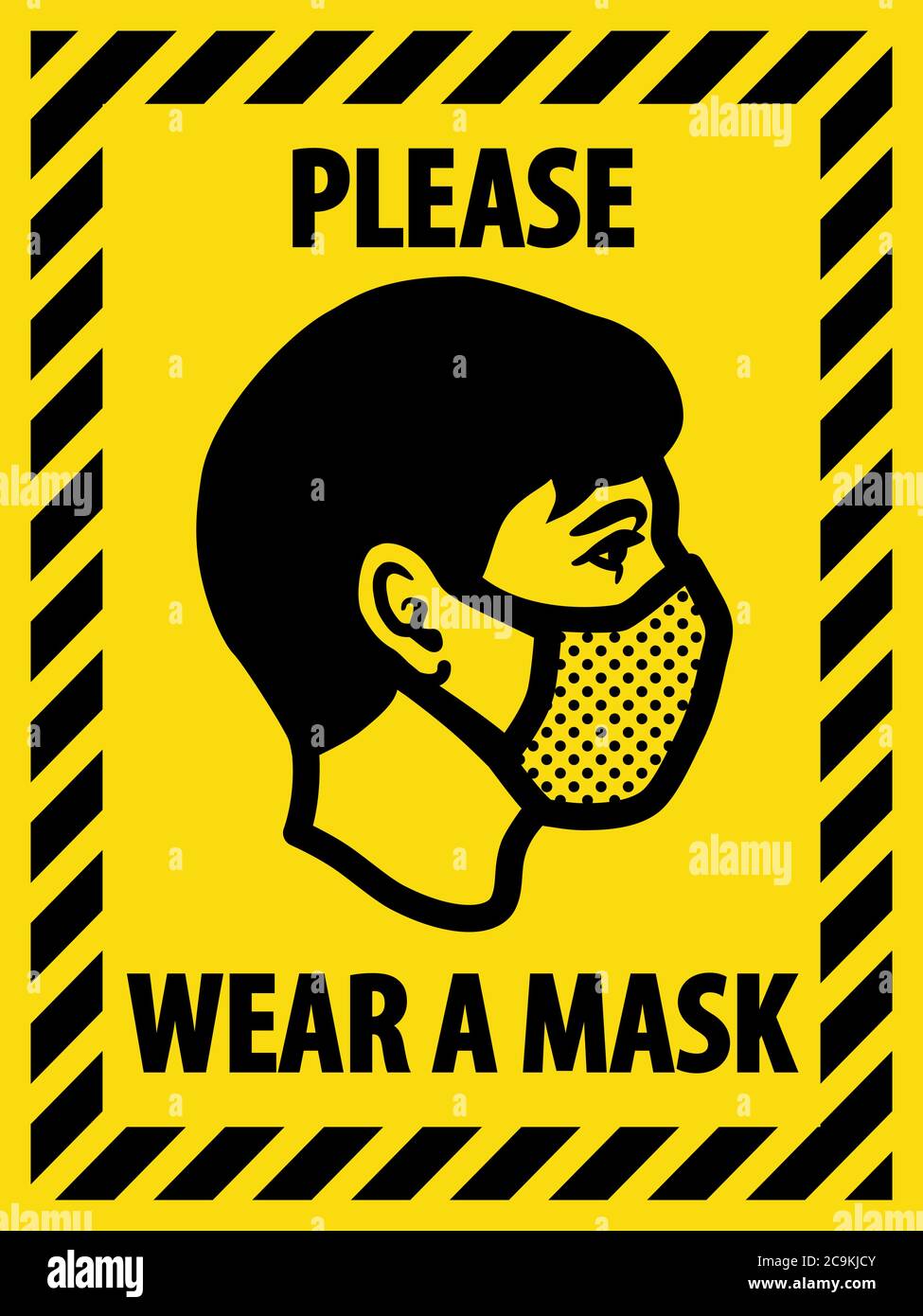 'Please wear a mask' sign; human head with face mask in a yellow and ...