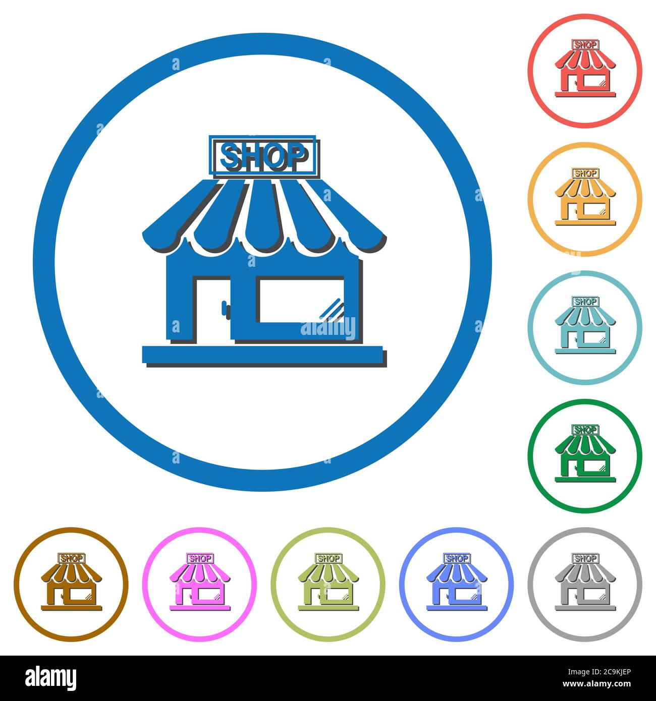 Store front flat color vector icons with shadows in round outlines on ...