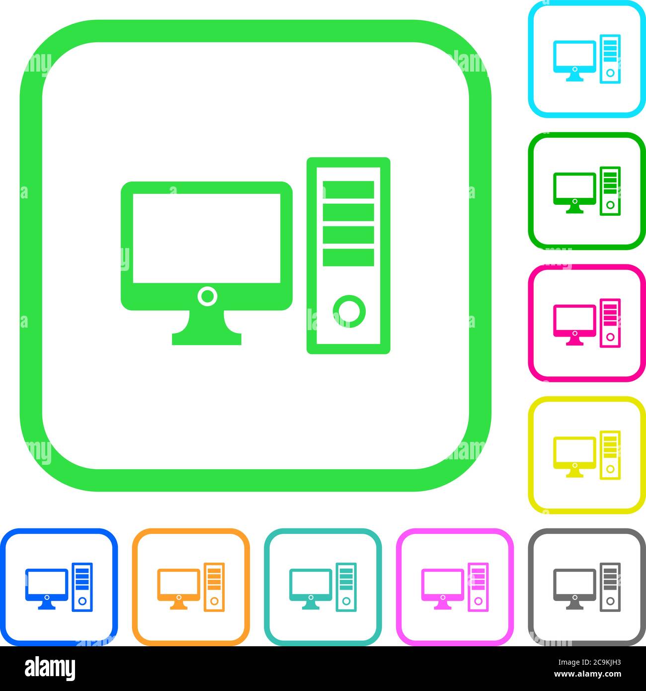 Desktop computer vivid colored flat icons in curved borders on white ...