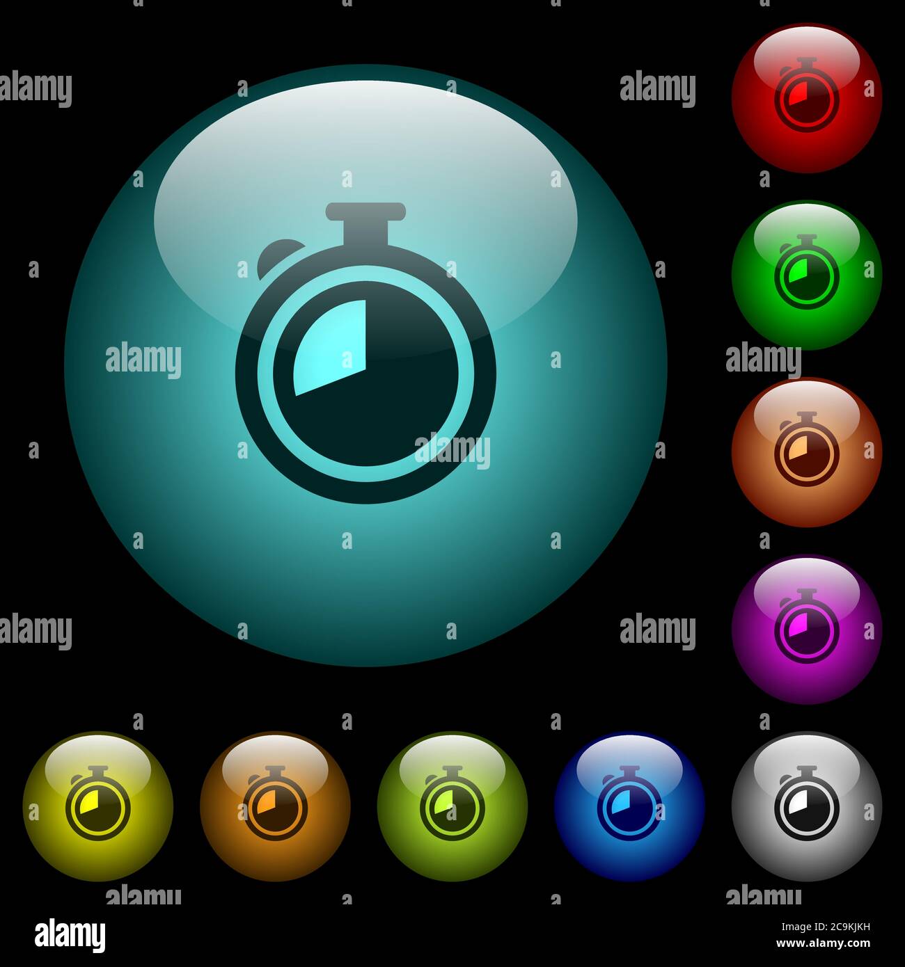 Timer icons in color illuminated spherical glass buttons on black ...