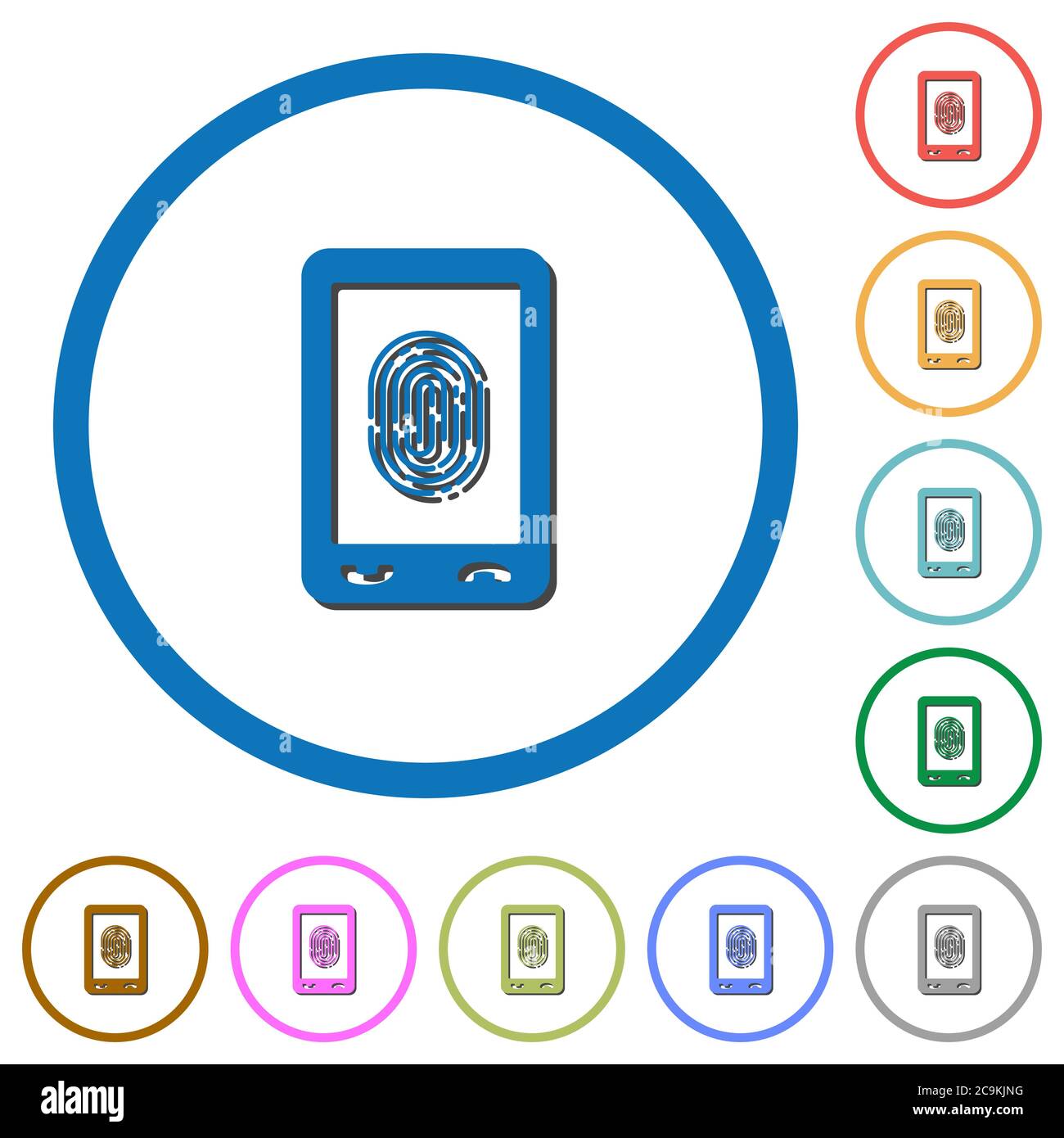 Mobile fingerprint identification flat color vector icons with shadows ...
