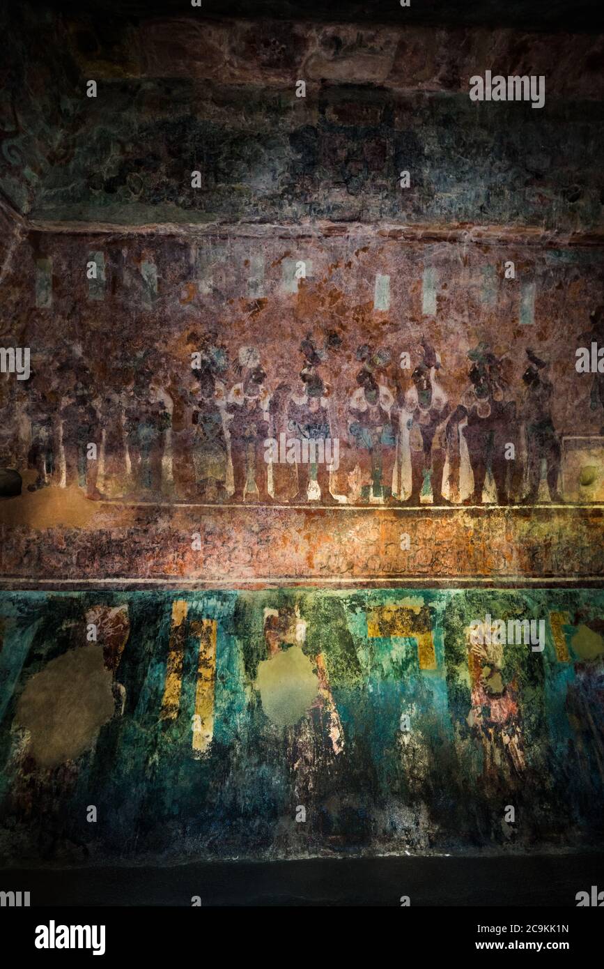 A fresco mural showing Mayan nobles on the south wall of Room 1 of the ...